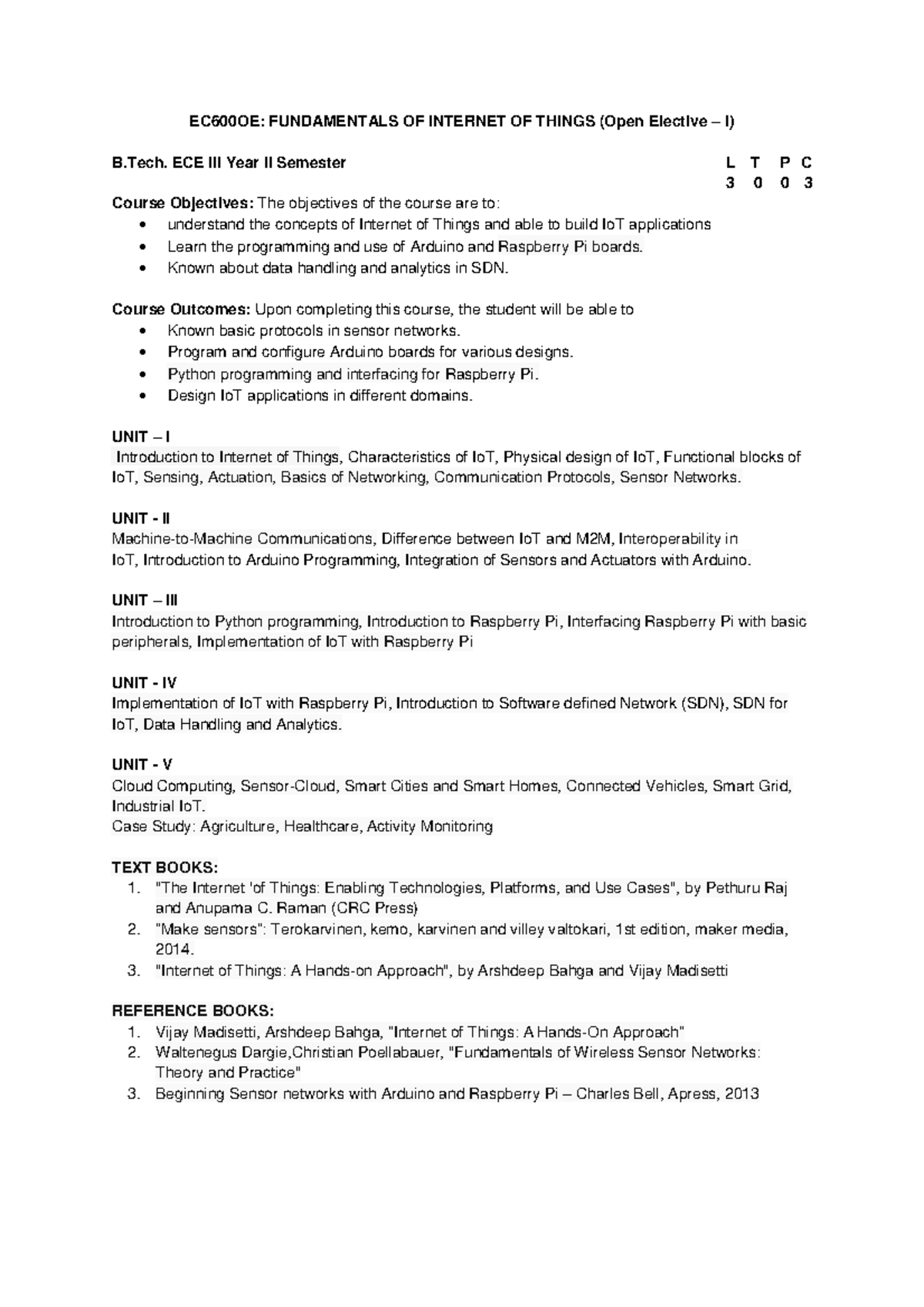 Internet Of Things Syllabus 3 2 Jntuh R18 Ec600oe Fundamentals Of Internet Of Things Open 