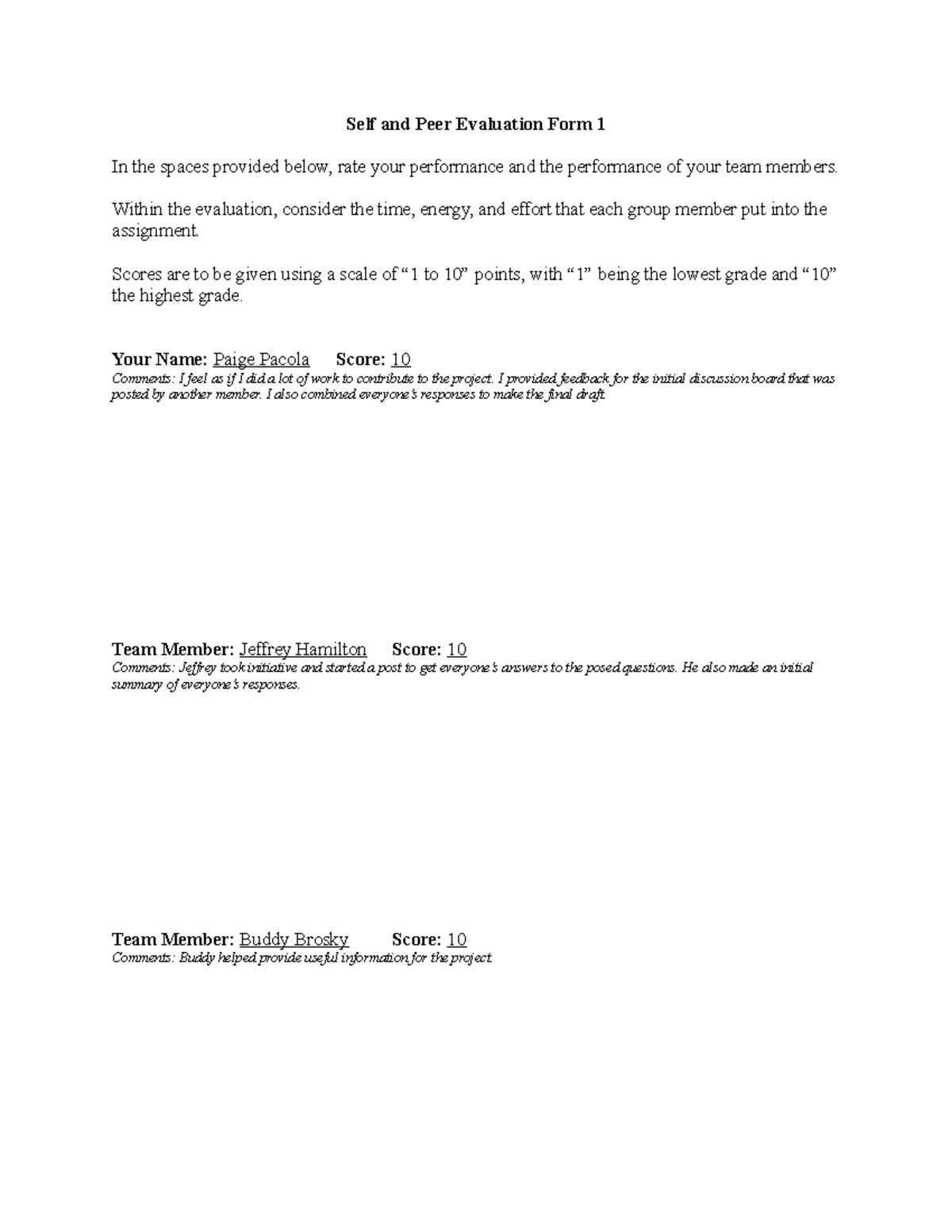 Self and Peer Evaluation Form 1 - Within the evaluation, consider the ...