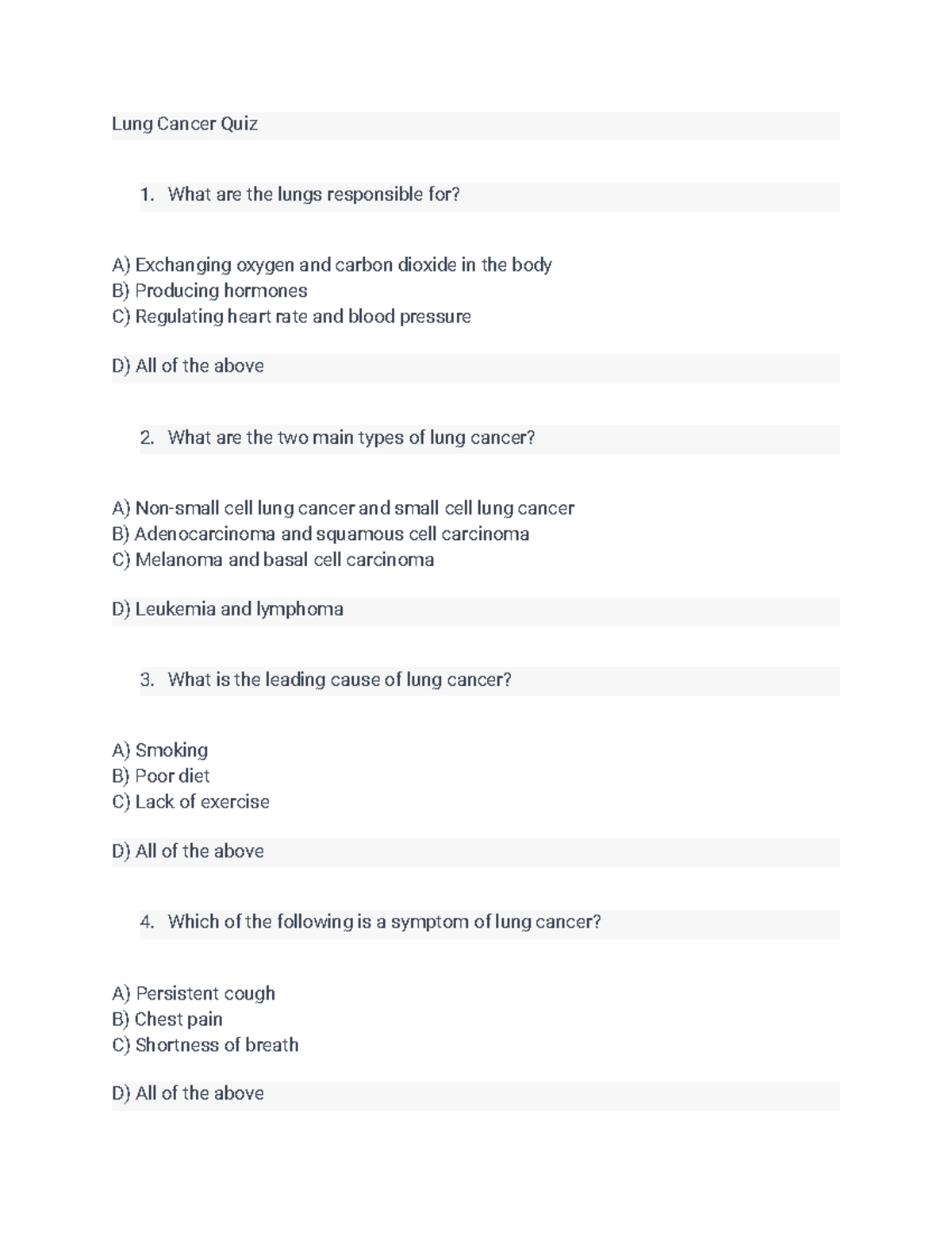 Lung cancer multiple choice - Lung Cancer Quiz 1. What are the lungs ...