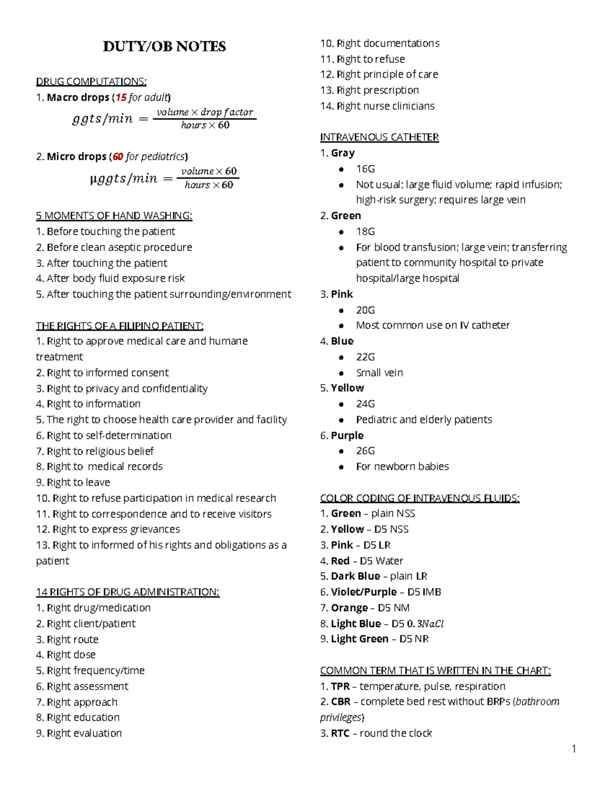 DUTY Notes - DUTY/OB NOTES DRUG COMPUTATIONS: Macro drops ( 15 for ...