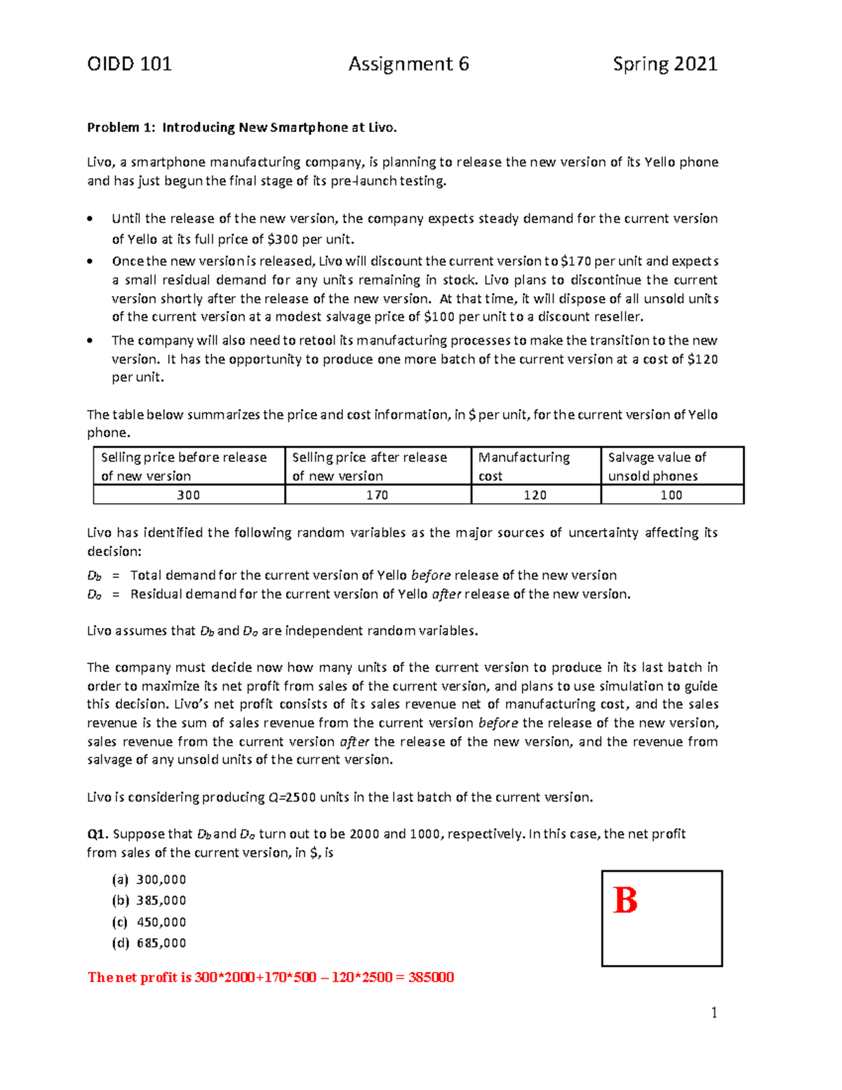 OIDD 101 Spring 2021 - Assignment 6 - Solutions - Problem 1 ...