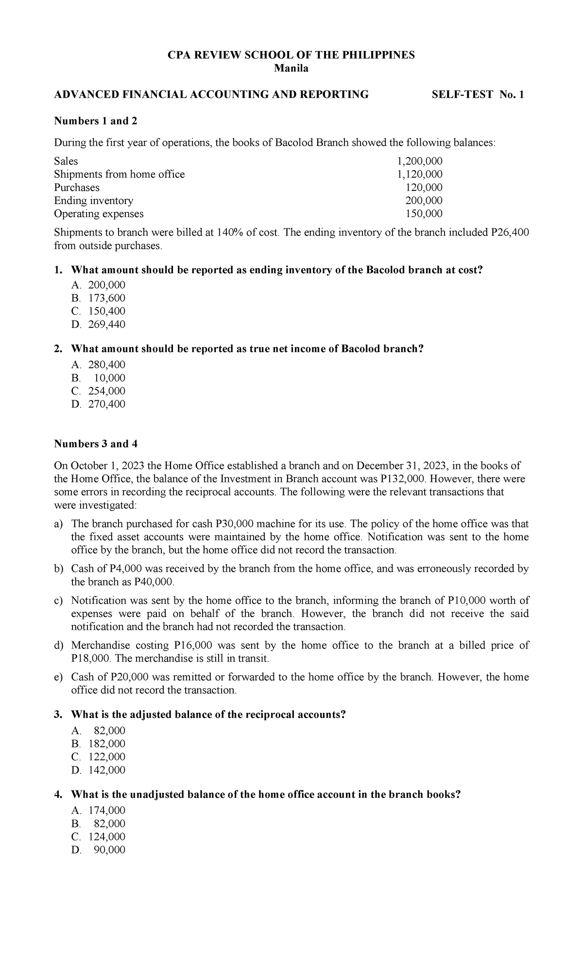 93 AFAR PW Selftest 1 - AFAR PRACTICE MATERIALS - CPA REVIEW SCHOOL OF ...