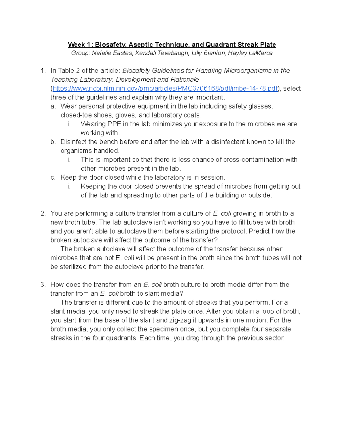 Week 1 Lab Worksheet - Week 1: Biosafety, Aseptic Technique, and Quadrant Streak Plate Group ...