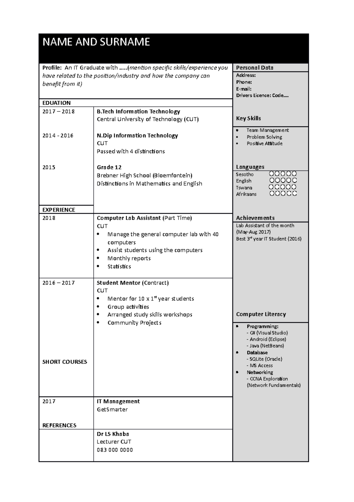 CV Template Ex 18 08 - Assignment help - NAME AND SURNAME Profile: An ...