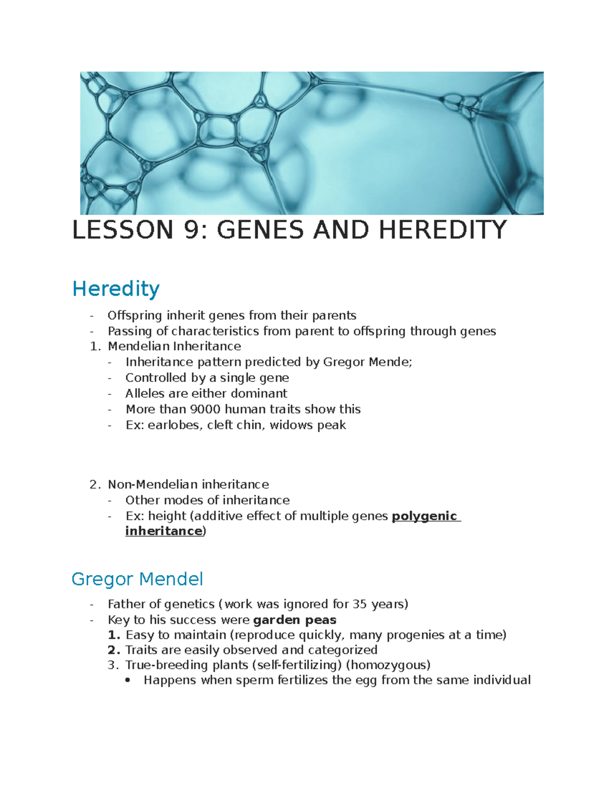 BIOL 202 Lesson 9 - NOTES - LESSON 9: GENES AND HEREDITY Heredity ...