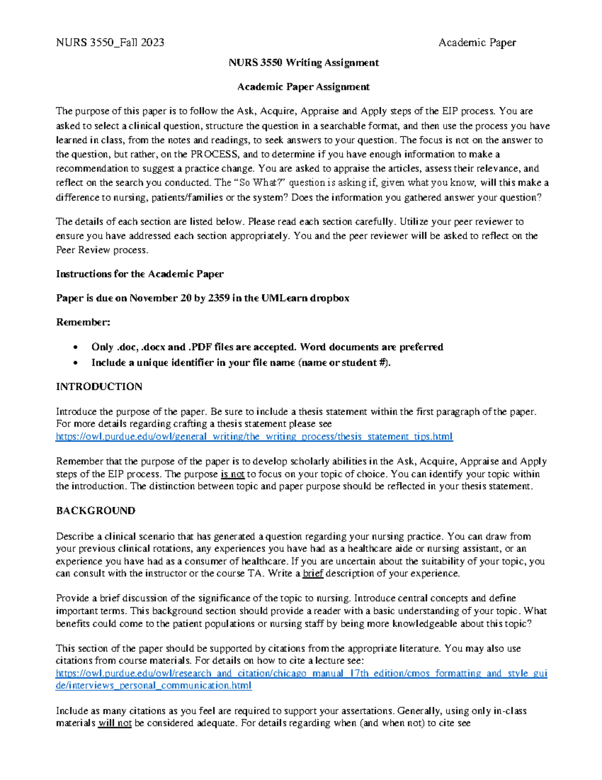 Academic Paper Assignment Guidelines Fall 2023 - NURS 3550 Writing ...