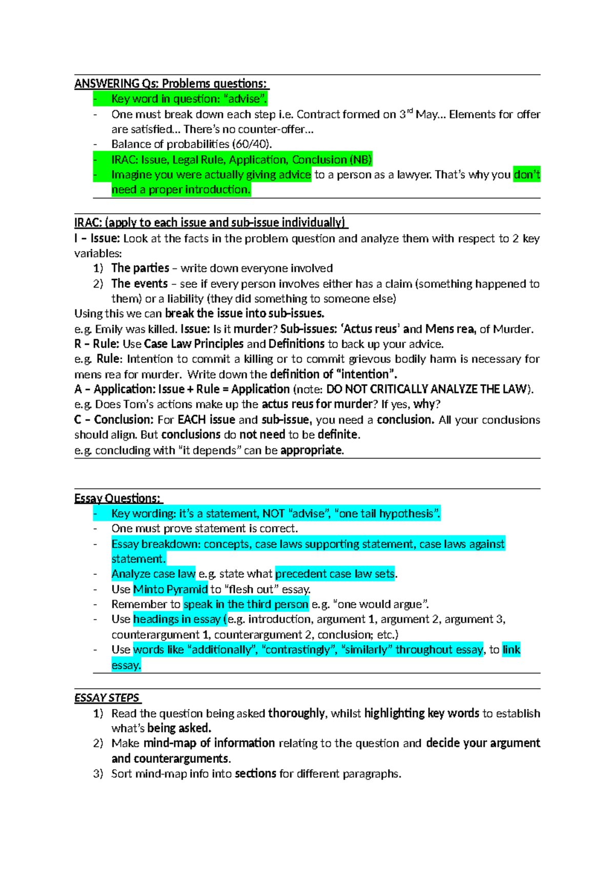 Answering Qs - Law Exams - ANSWERING Qs: Problems questions: - Key word ...