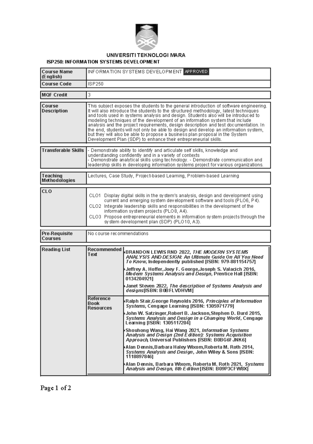 Course Information Systems Development Universiti Teknologi Mara Isp250 Information Systems