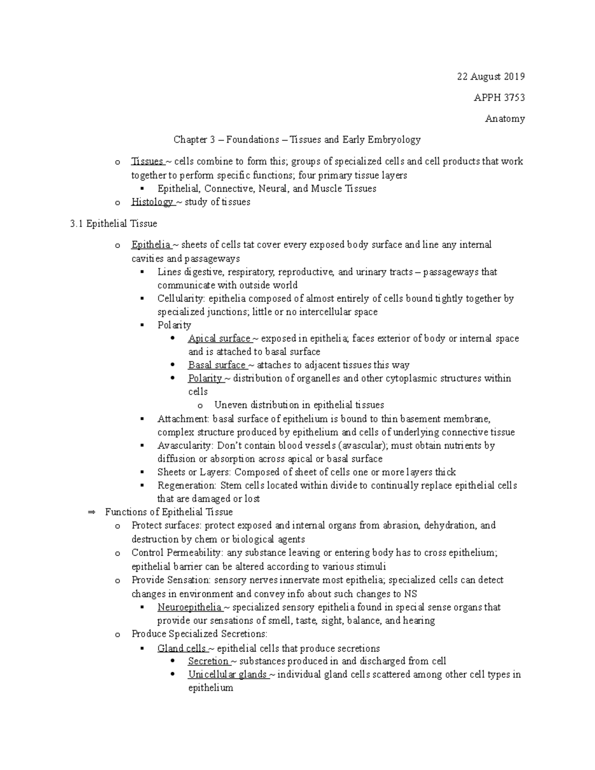 Chapter 3 - Foundations - Tissues and Early Embryology - 22 August 2019 ...