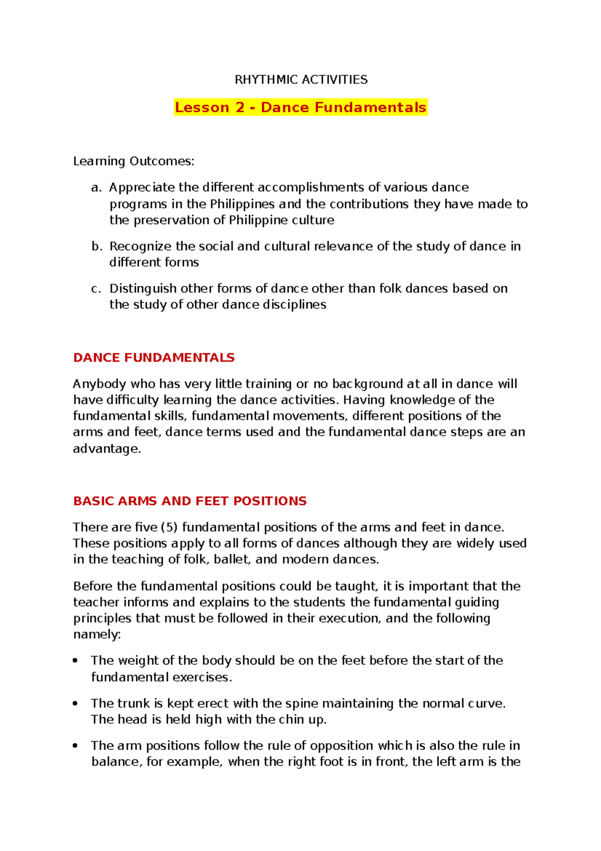 Dance Fundamentals - RHYTHMIC ACTIVITIES Lesson 2 - Dance Fundamentals ...