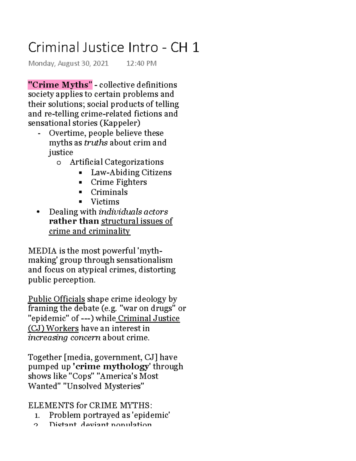 Criminal Justice Intro - CH 1 - "Crime Myths" - collective definitions ...