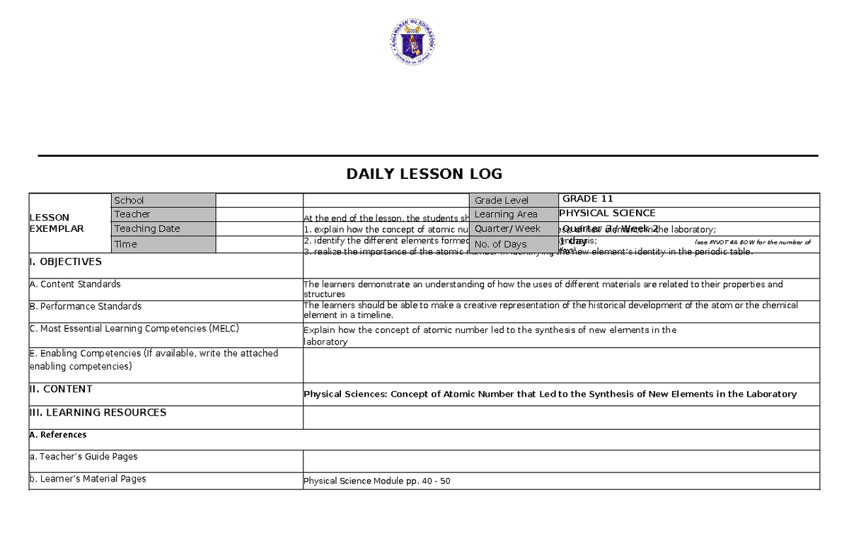 Physical Science WEEK 2-1 - DAILY LESSON LOG I. OBJECTIVES At the end ...