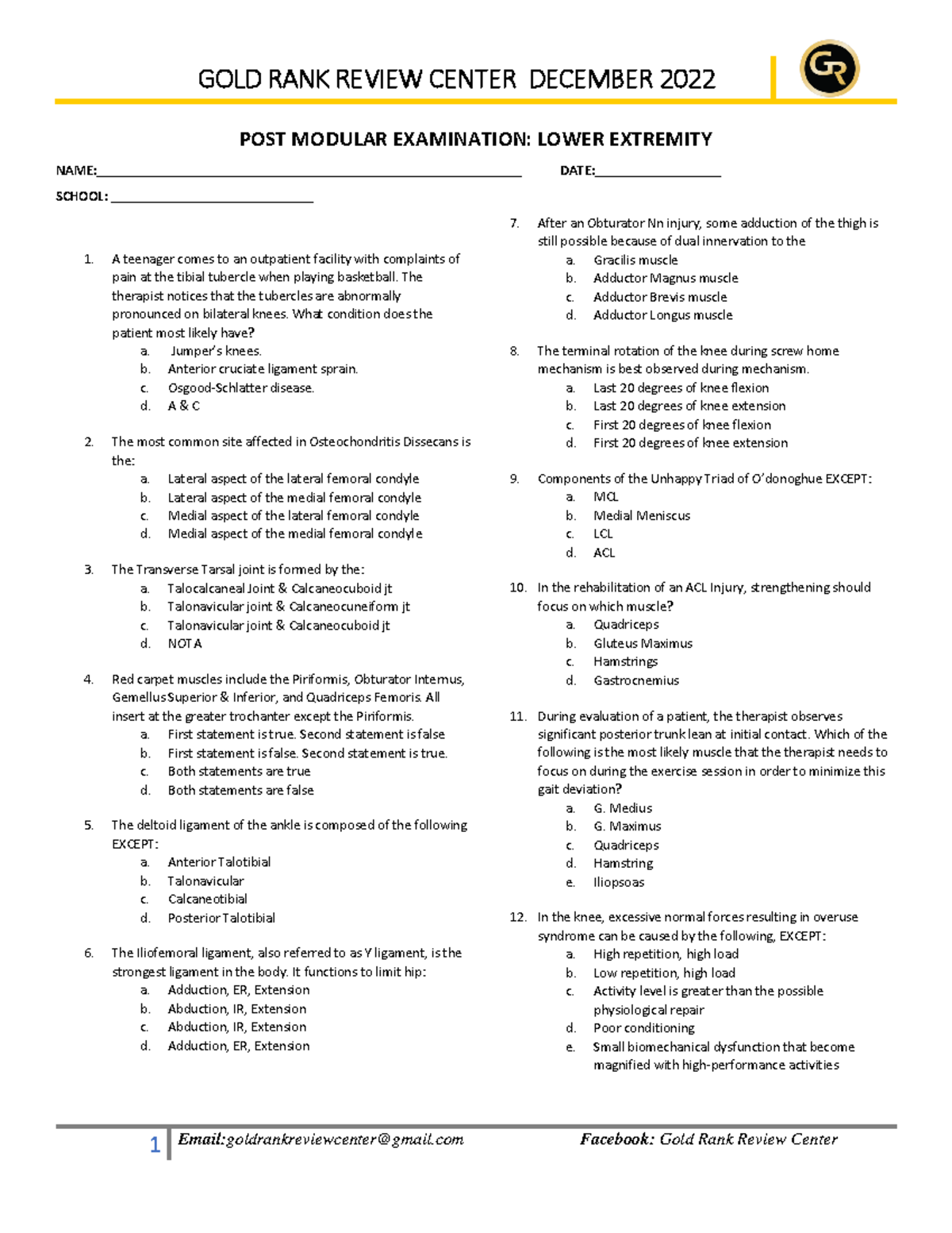 LE-PME- Final - learnings - POST MODULAR EXAMINATION: LOWER EXTREMITY ...