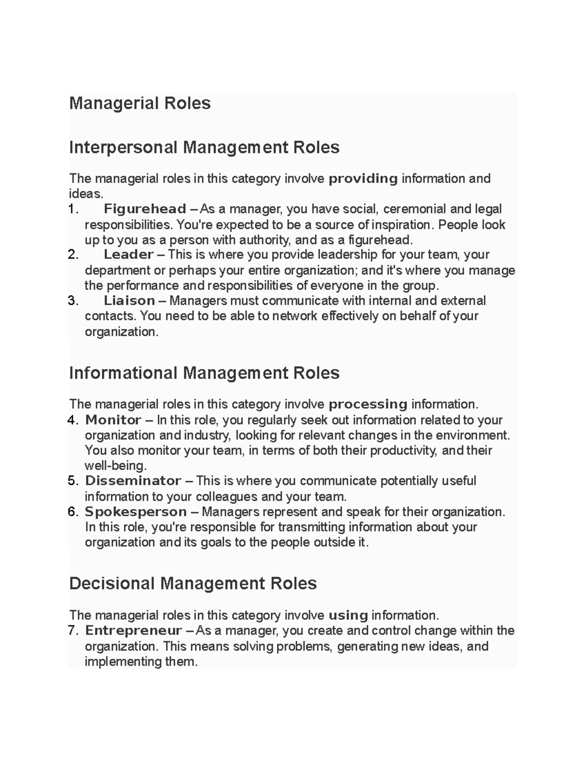 Managerial Roles - Managerial Roles Interpersonal Management Roles The ...