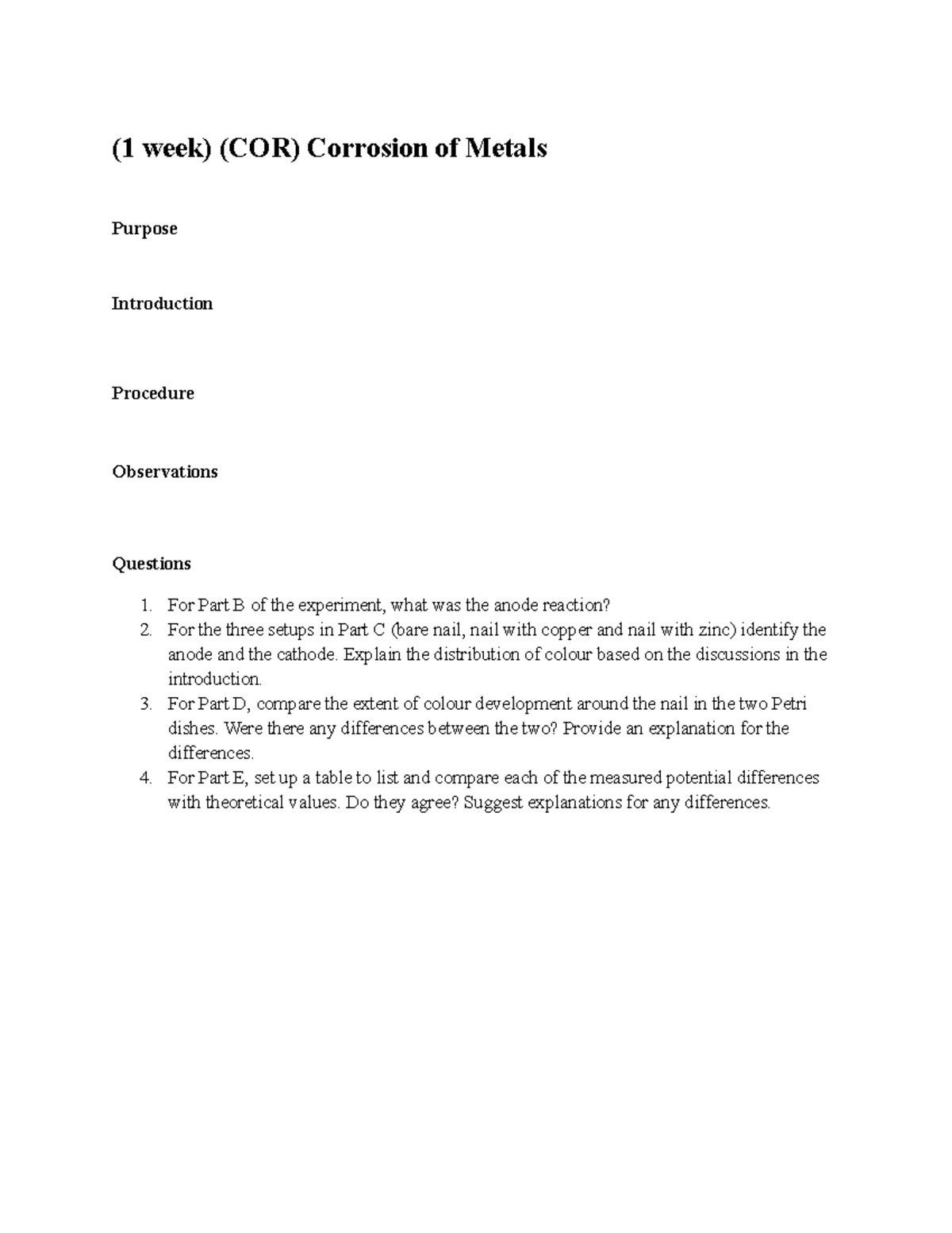 (1 week) (COR) Corrosion of Metals Chemistry lab 12 outline - (1 week ...