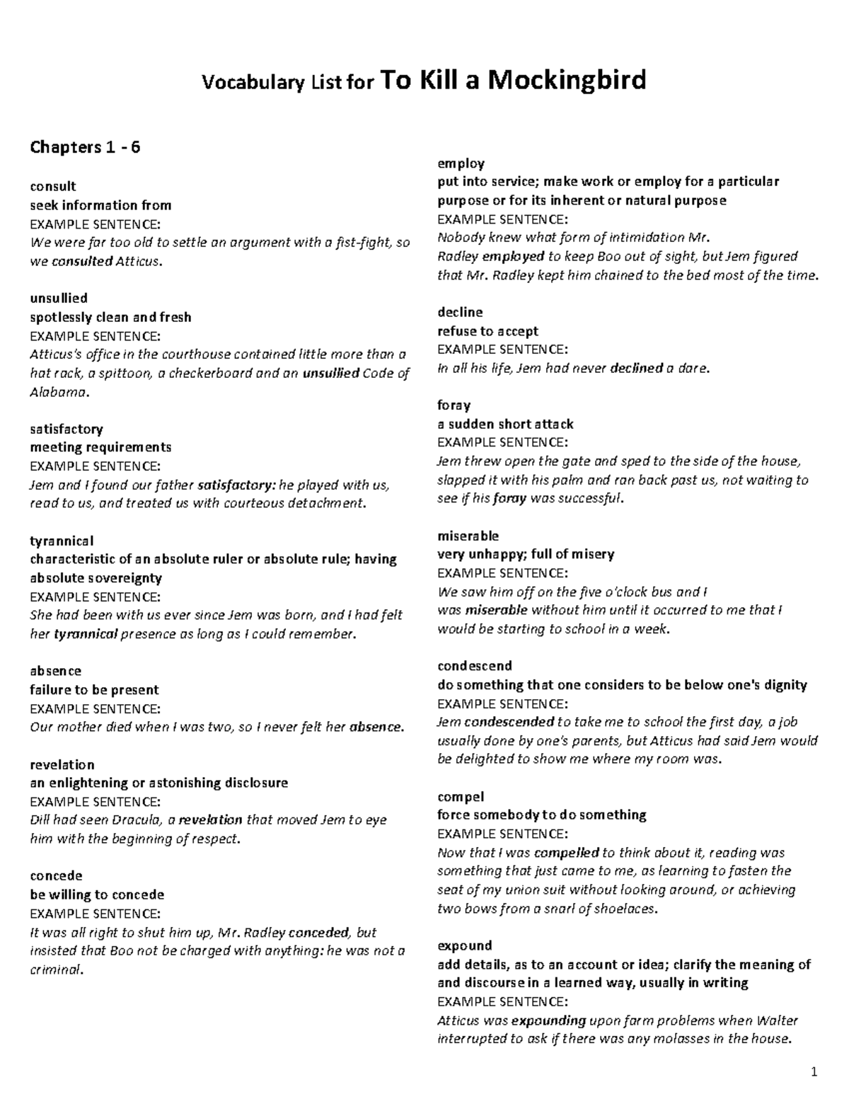 Tkam ch6-10vocabulary list - Vocabulary List for To Kill a Mockingbird ...