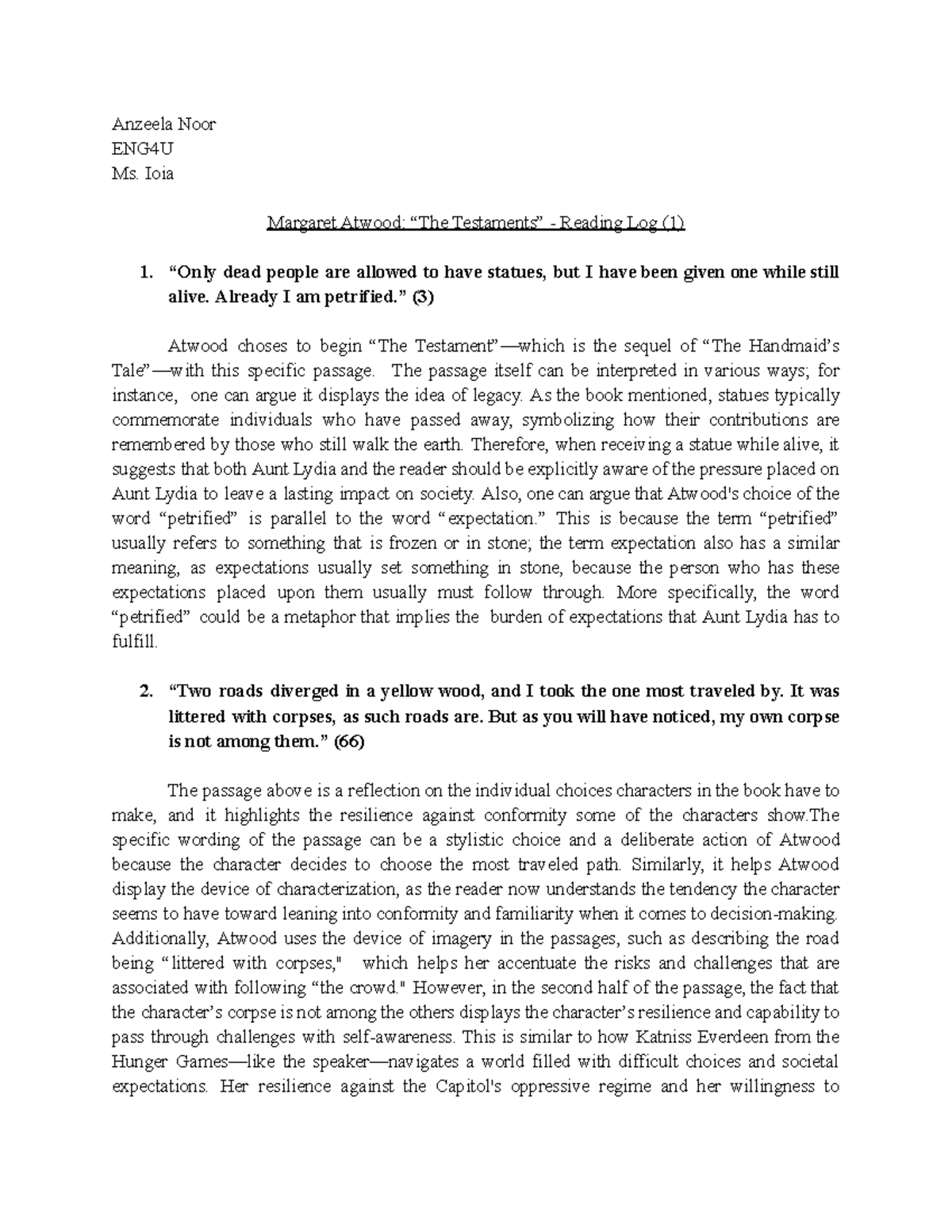 Dialectical Reading Log 1 - Final Copy - Anzeela Noor ENG4U Ms. Ioia ...