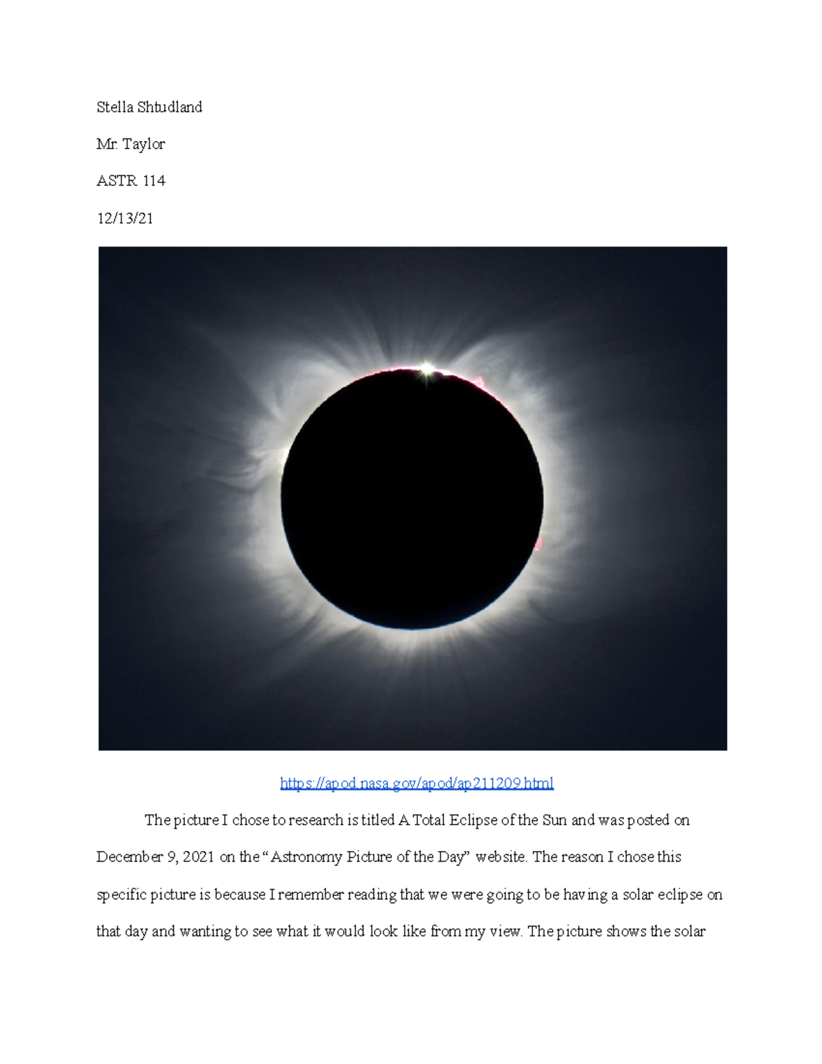 Astro APOD example - Stella Shtudland Mr. Taylor ASTR 114 12/13/ apod ...