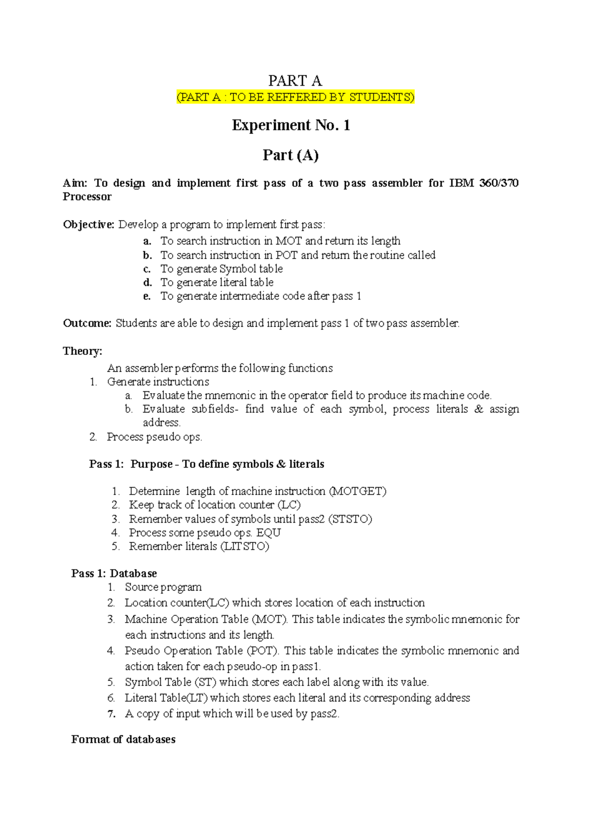 A16 SPCC EXP 1 - exp 1 - PART A (PART A : TO BE REFFERED BY STUDENTS) Experiment No. 1 Part (A ...
