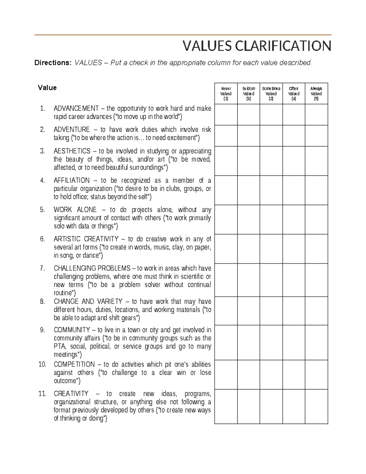 Values Clarification Activity - VALUES CLARIFICATION Directions: VALUES ...