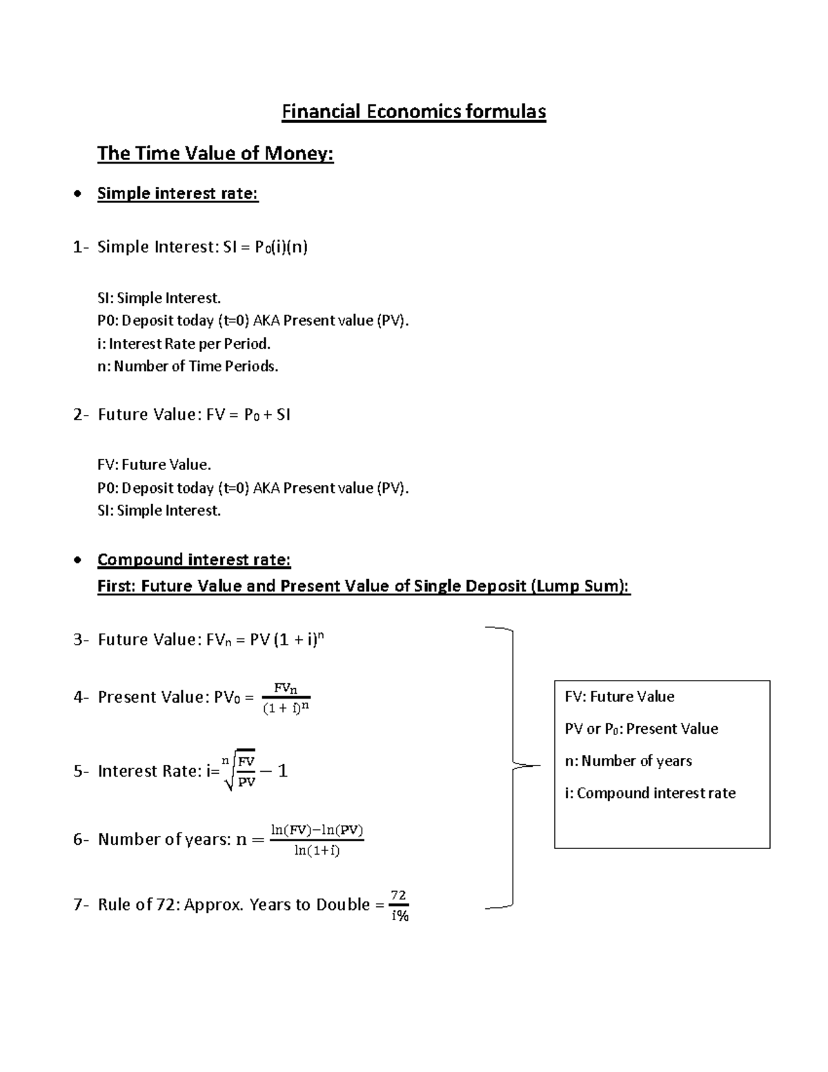 Financial Economics formulas - P0: Deposit today (t=0) AKA Present ...