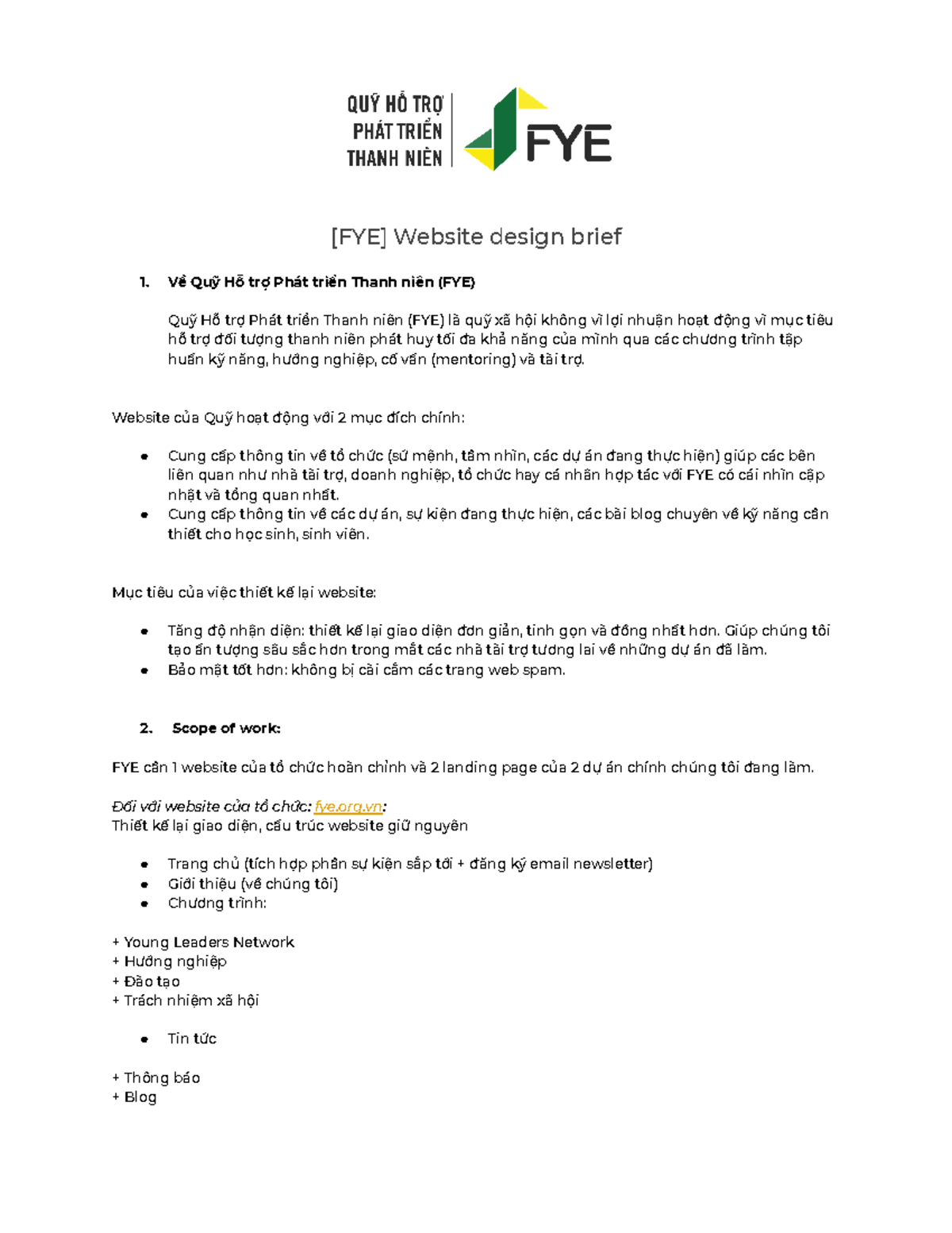 (FYE) Website design brief - [FYE] Website design brief 1. Về Quỹ Hỗ ...