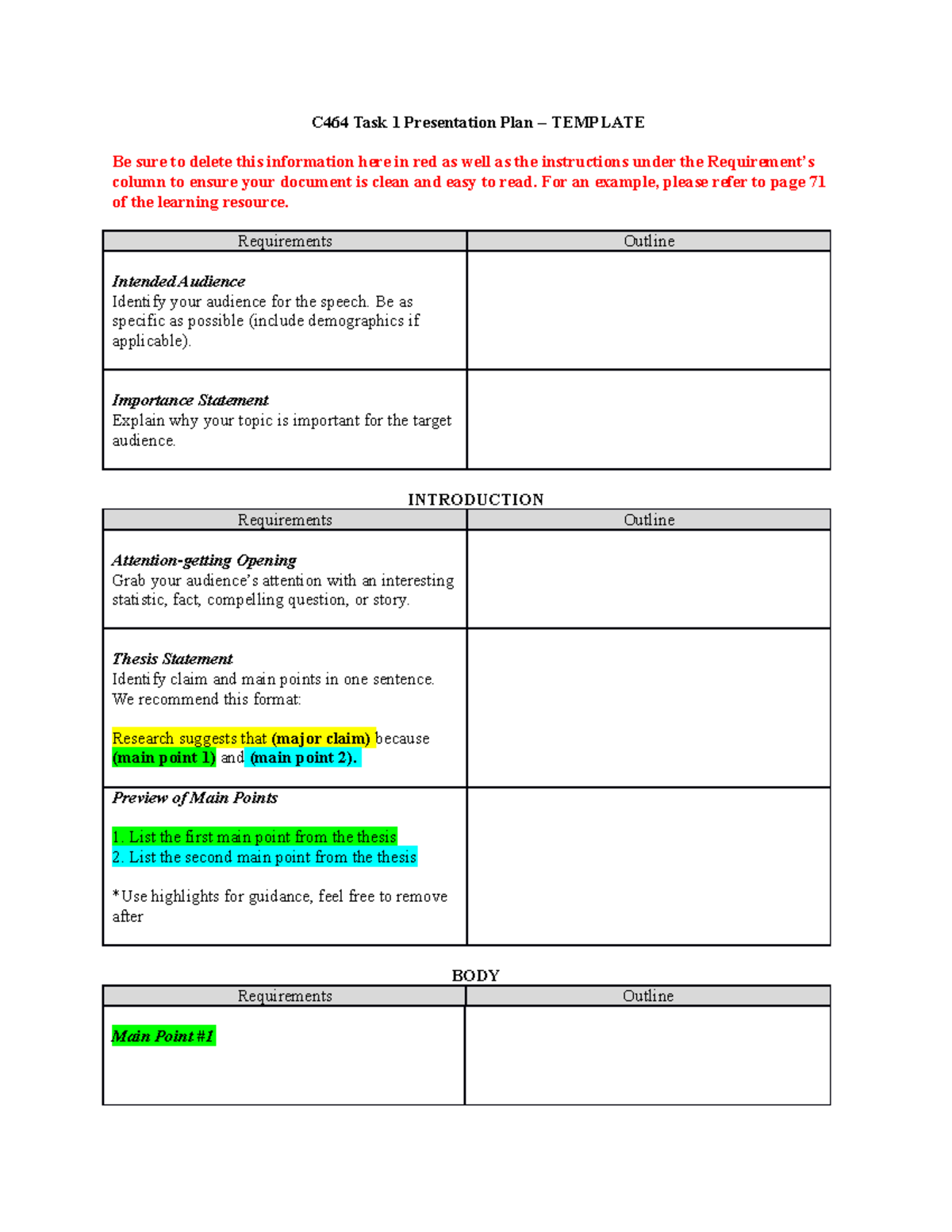 Step by Step Presentation Plan Template Task 1 - C464 Task 1 ...