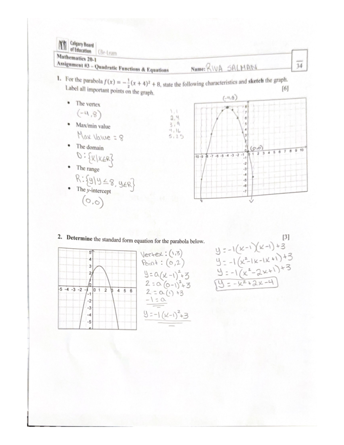 Assignment #3 - Quadratic Functions And Equations - Studocu