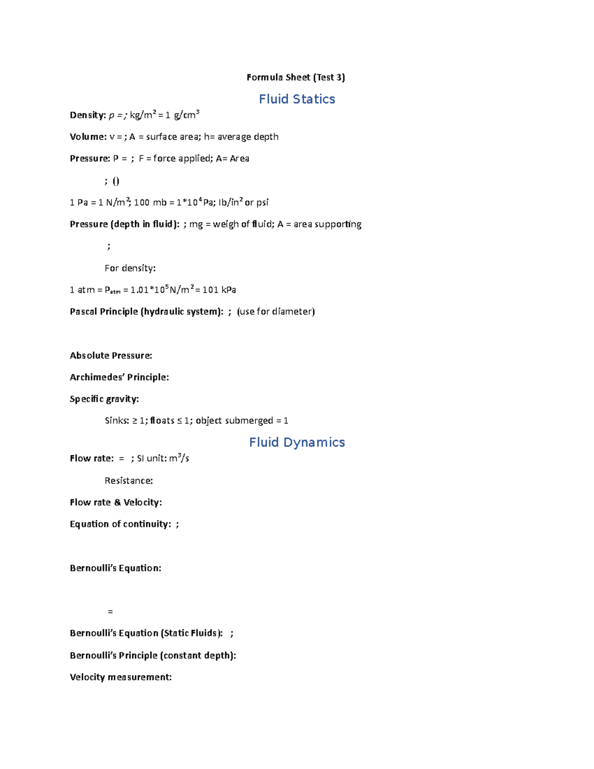 Test3 FSheet - Mark Mattson - Formula Sheet (Test 3) Fluid Statics ...