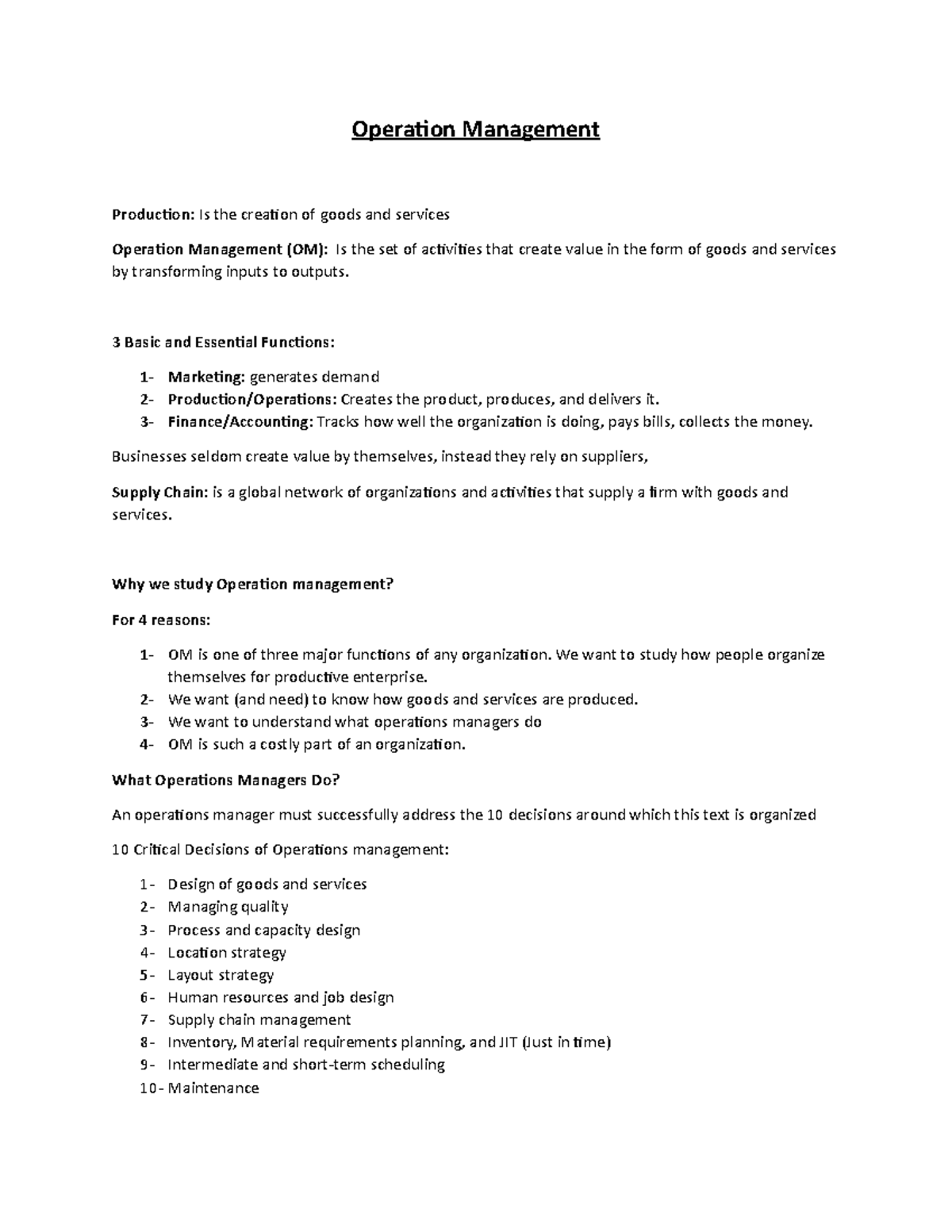 Operation Management Notes - Operation Management Production: Is the ...