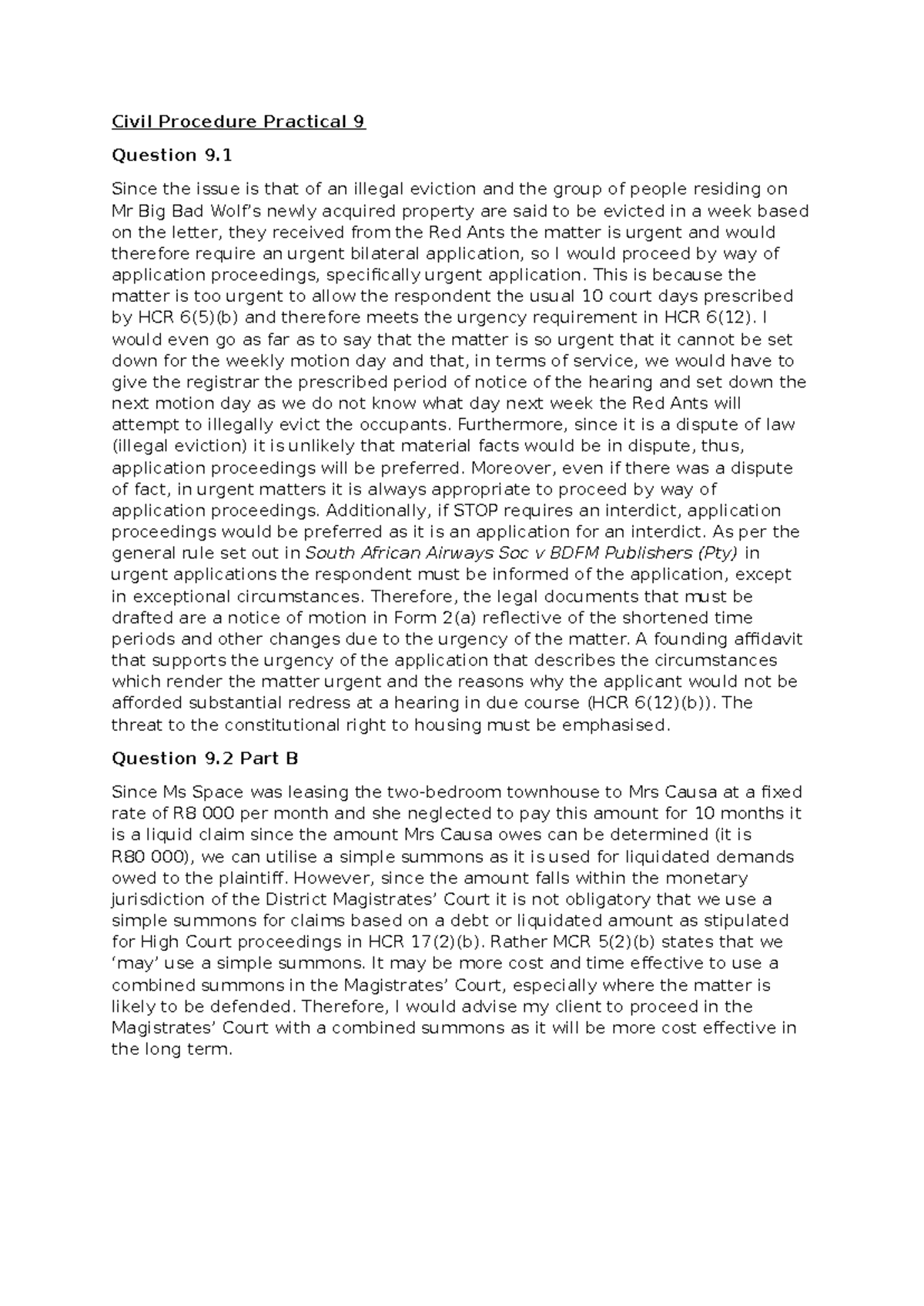 Civil Procedure Practical 9 - Since the issue is that of an illegal ...