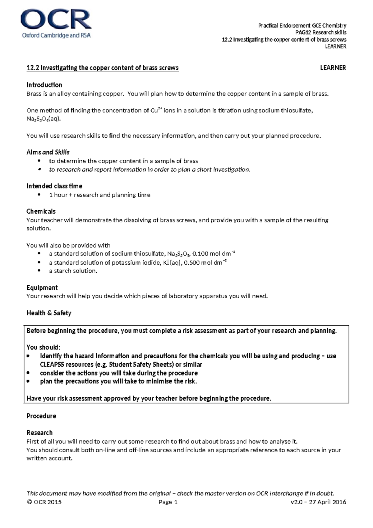 Chemistry PAG 12.2 Student v2 - Practical Endorsement GCE Chemistry ...