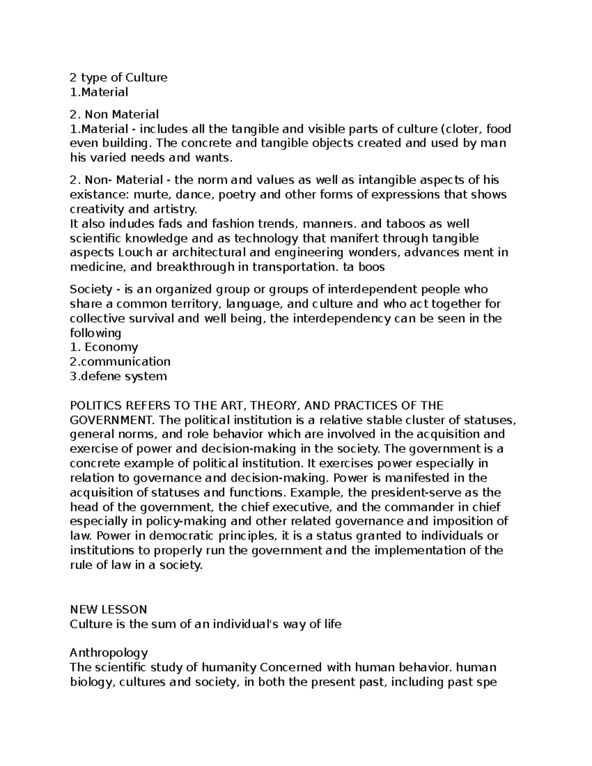 (understanding culture) - 2 type of Culture 1 2. Non Material 1 ...