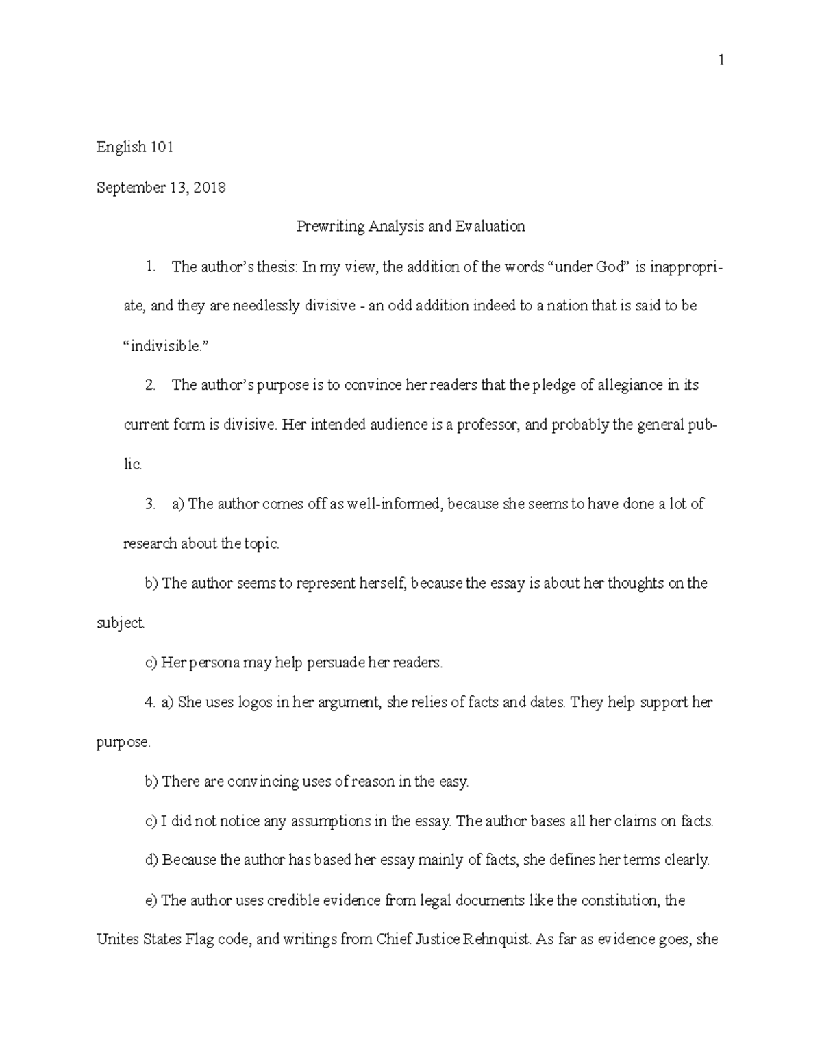 Essay Analysis Prewriting - ENglish 101 - !1 English 101 September 13 ...