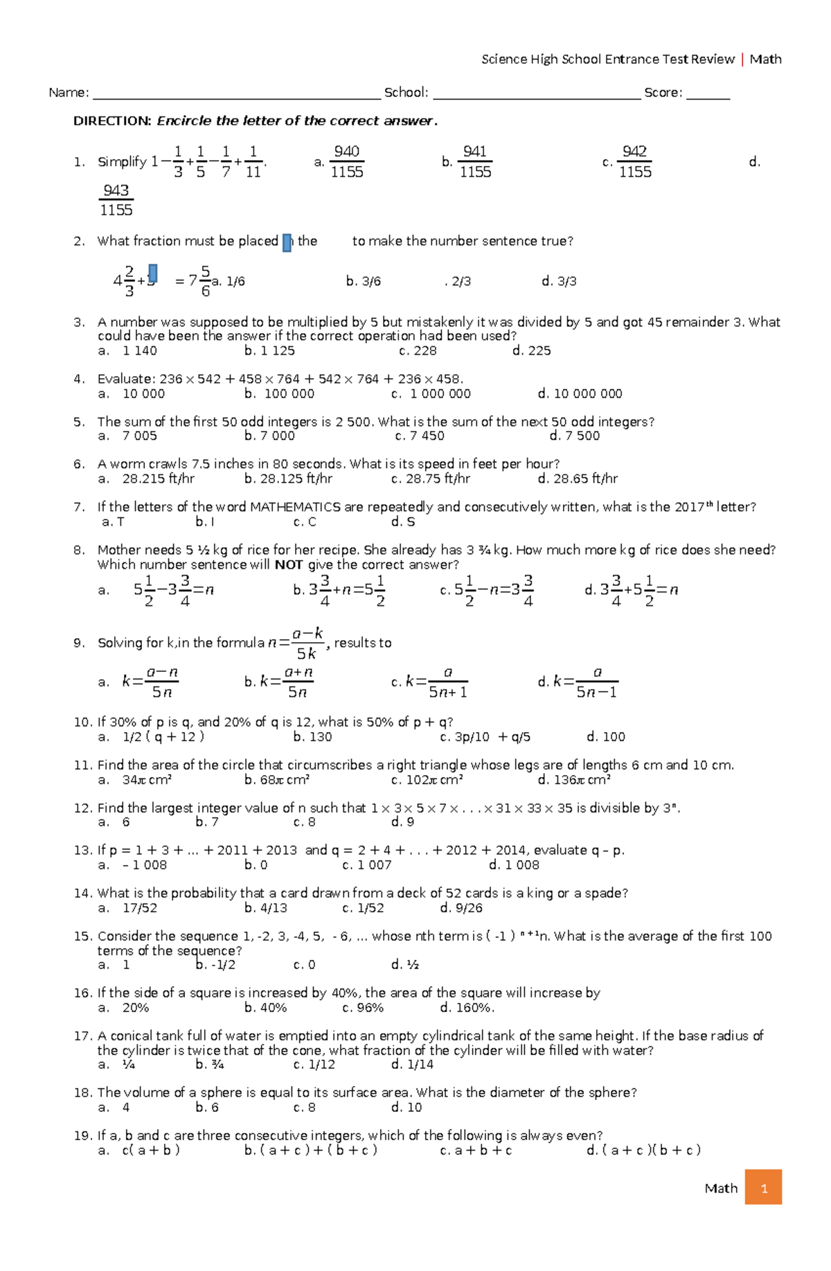 Comprehensive - math - Science High School Entrance Test Review | Math ...
