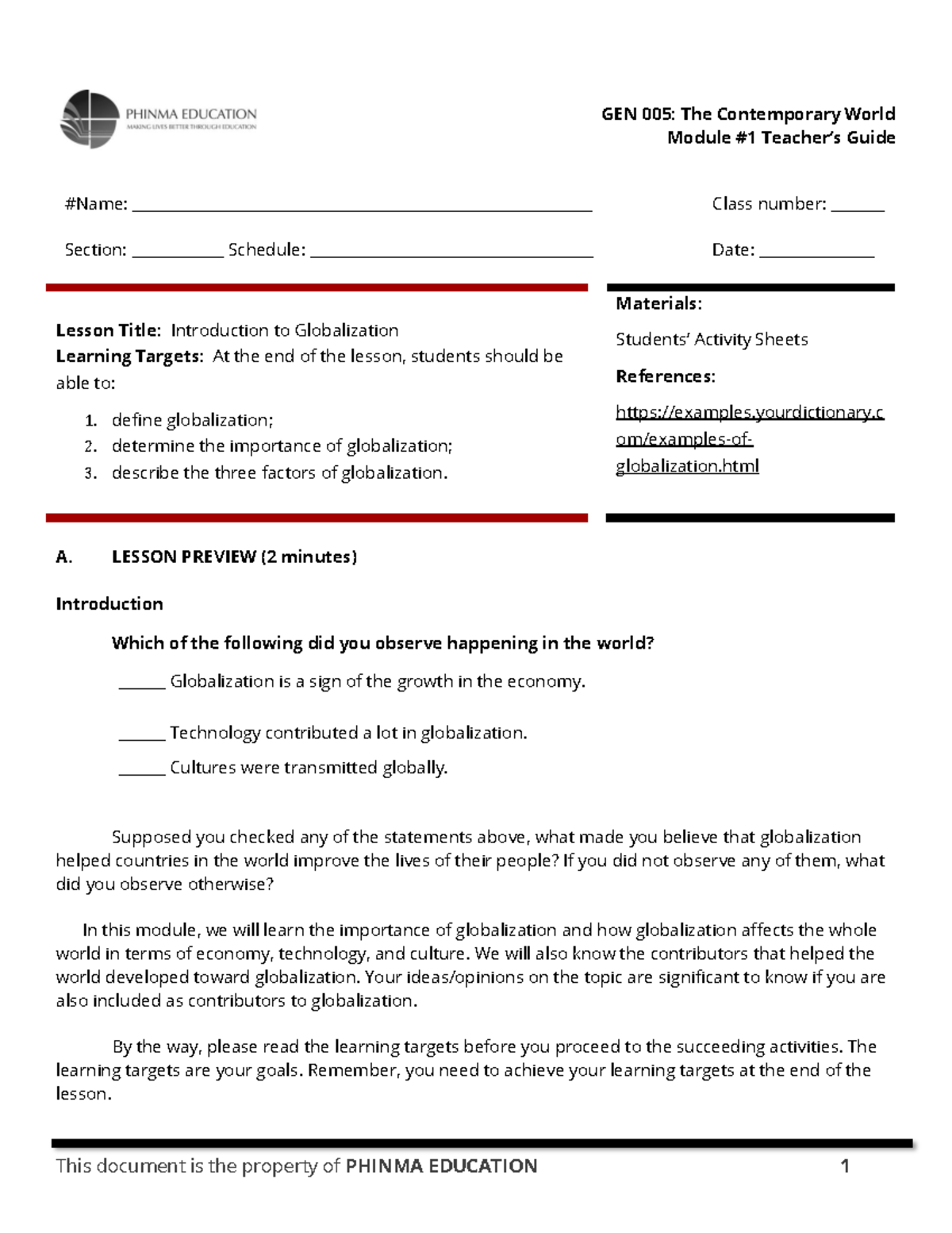 TG#1- GEN 005 - it is useful - Module # 1 Teacher’s Guide #Name: - Studocu