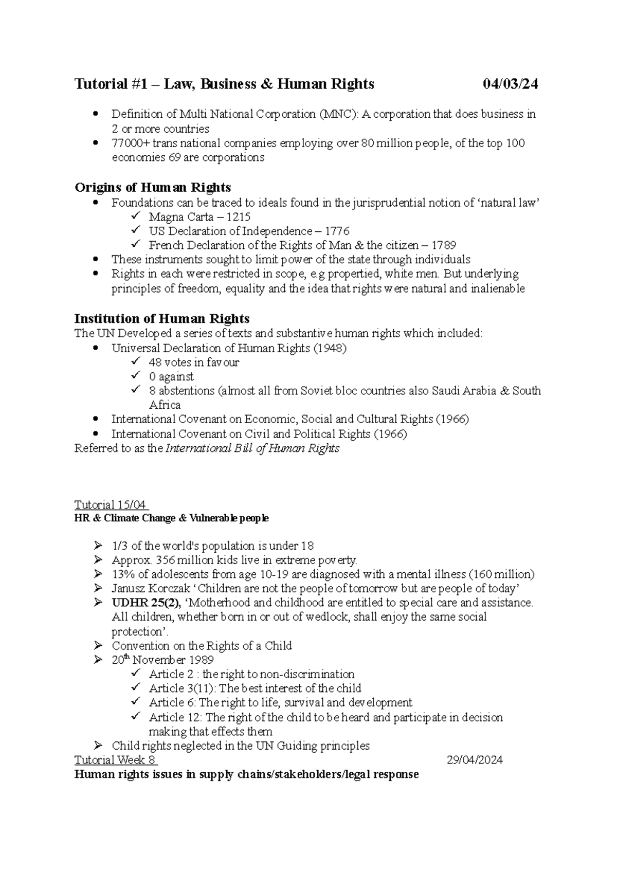 Human rights notes - Tutorial #1 – Law, Business & Human Rights 04/03 ...