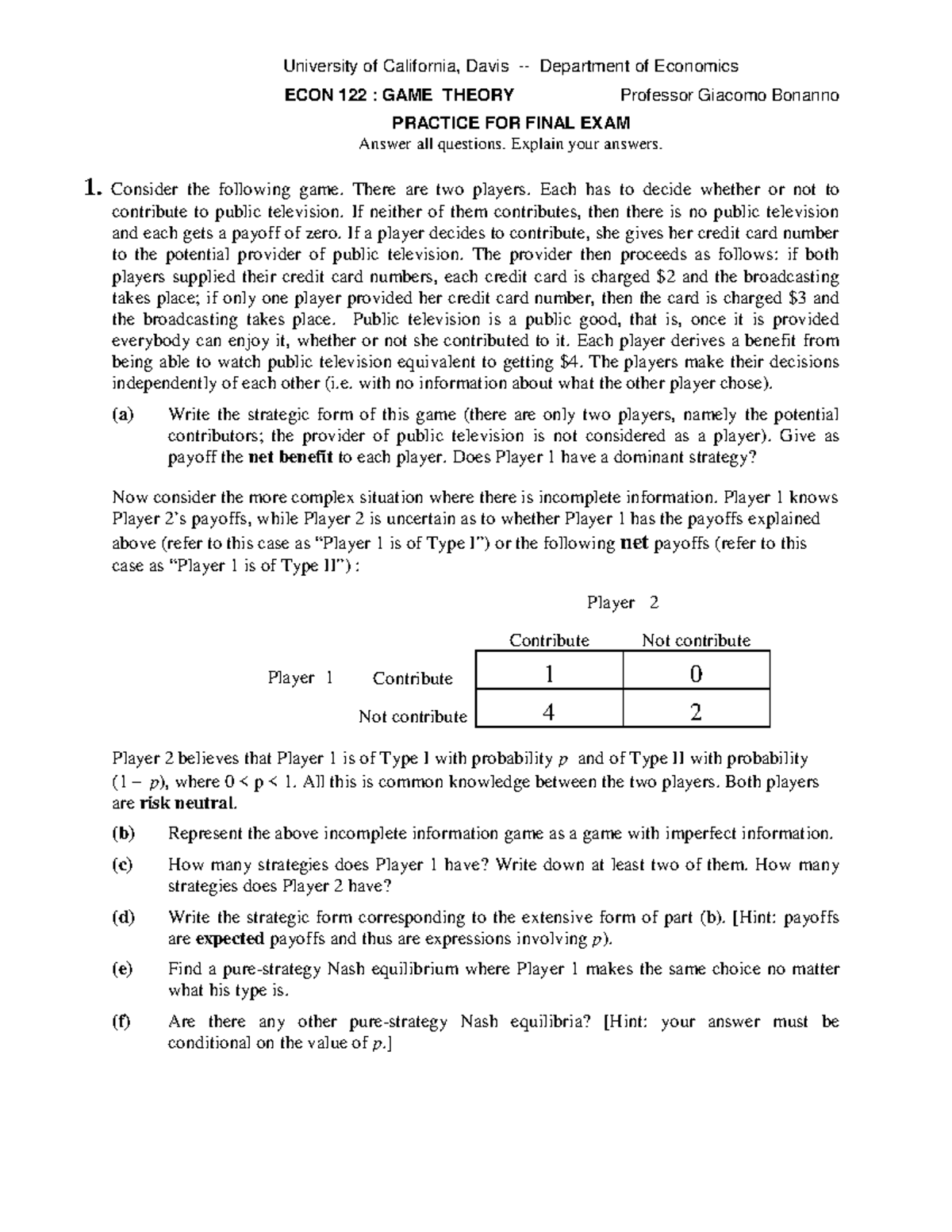 Final practice - Maths 3 - Game Theory - University of California ...