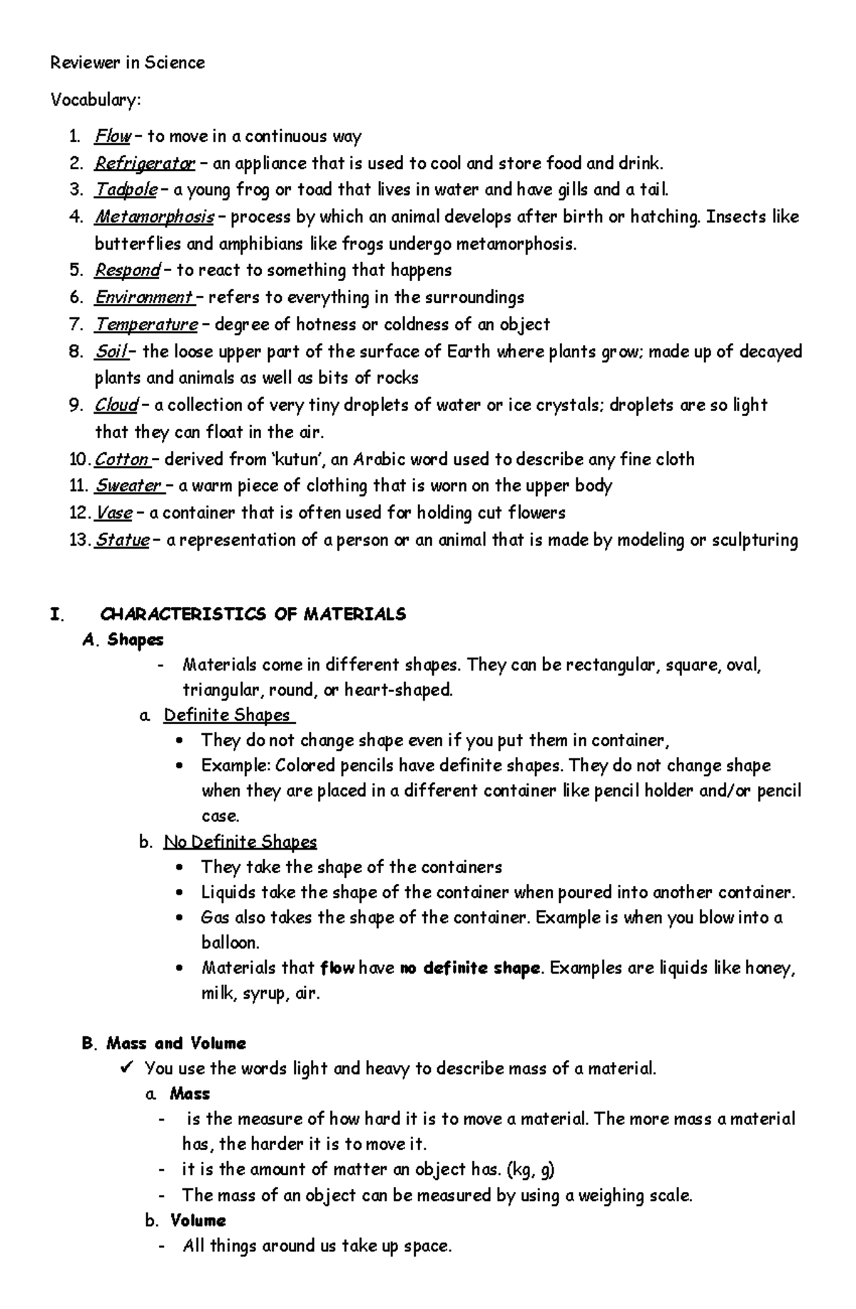 Reviewer in Science 2 - Reviewer in Science Vocabulary: Flow – to move ...