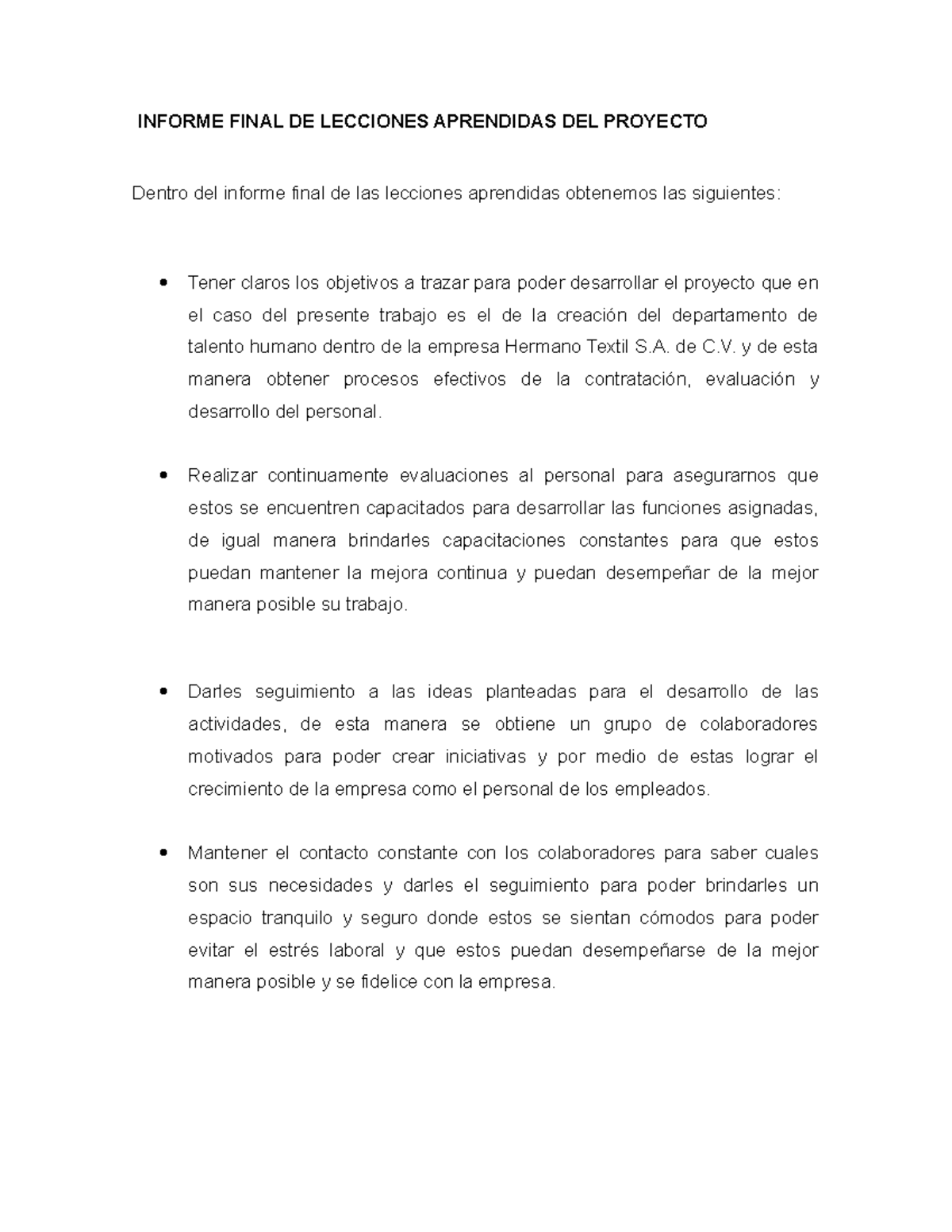 Informe DE LAS Lecciones Aprendidas Kevin - INFORME FINAL DE LECCIONES APRENDIDAS DEL PROYECTO ...
