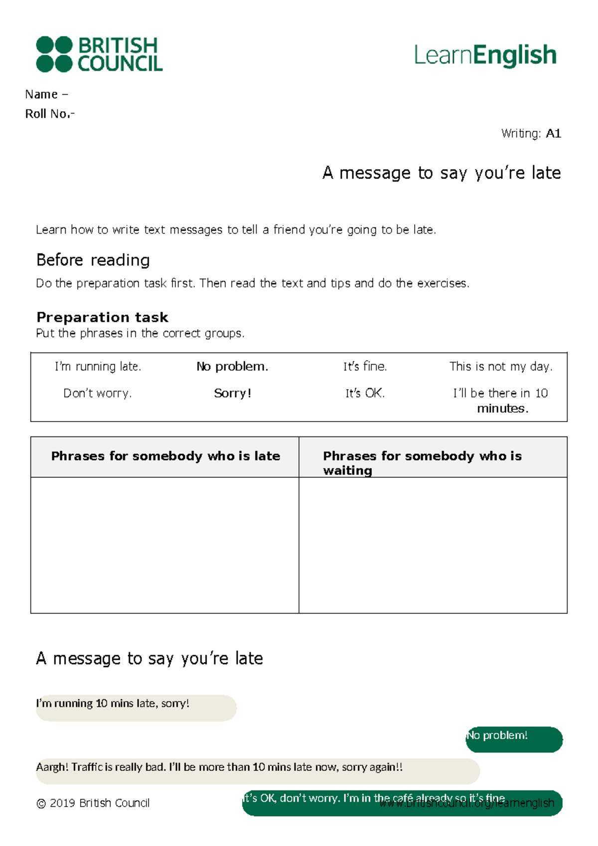 Assignment 2.1 - Learn English-Writing-A1-A-message-to-say-youre-late ...