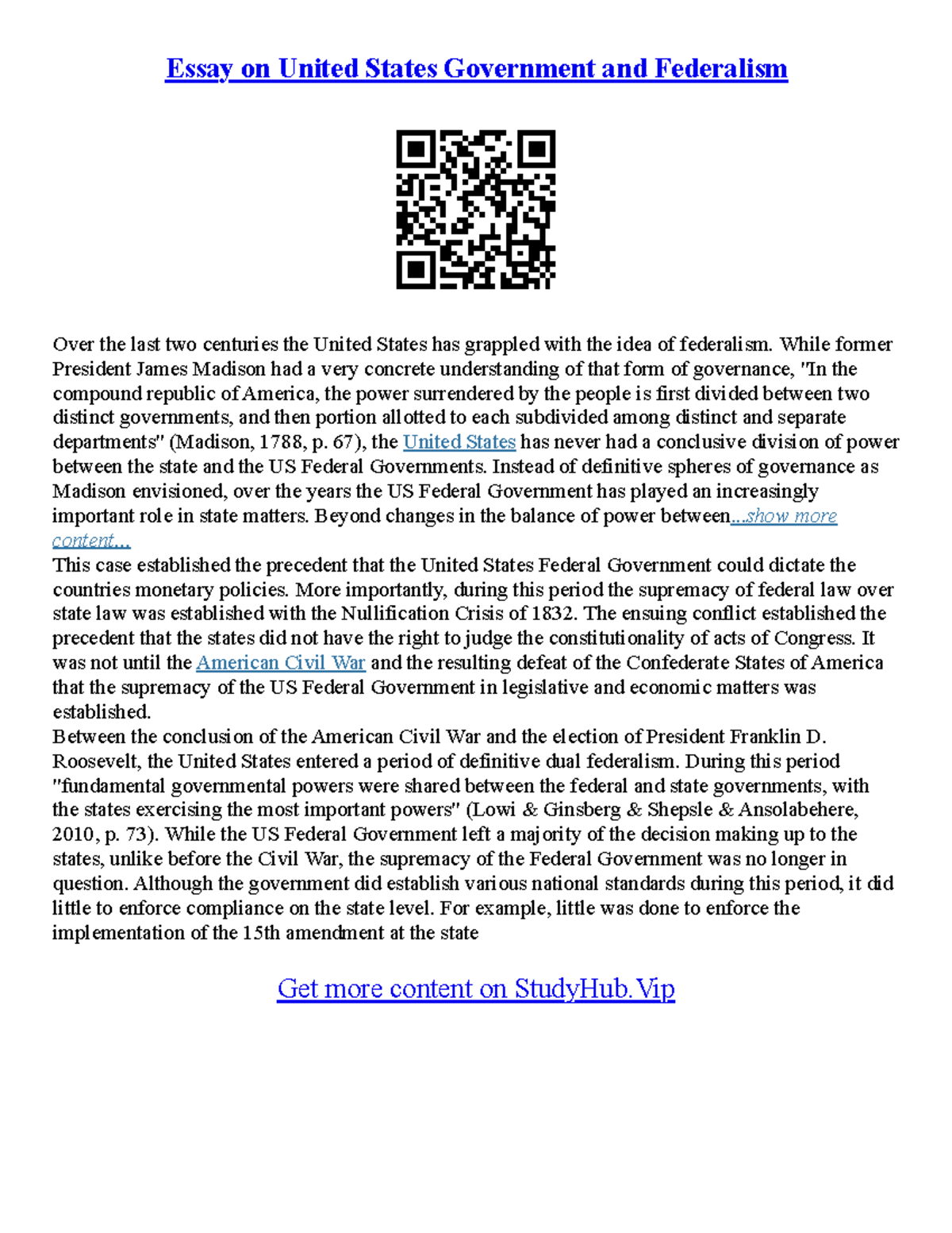 Essays On Federalism - Essay on United States Government and Federalism ...