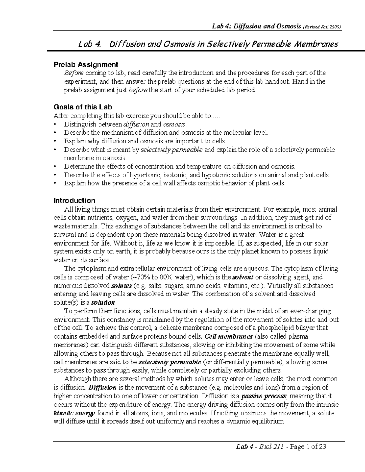4 Lab 4 Diffusn Osmosis B211 Fall2009 Lab 4 Diffusion And Osmosis In