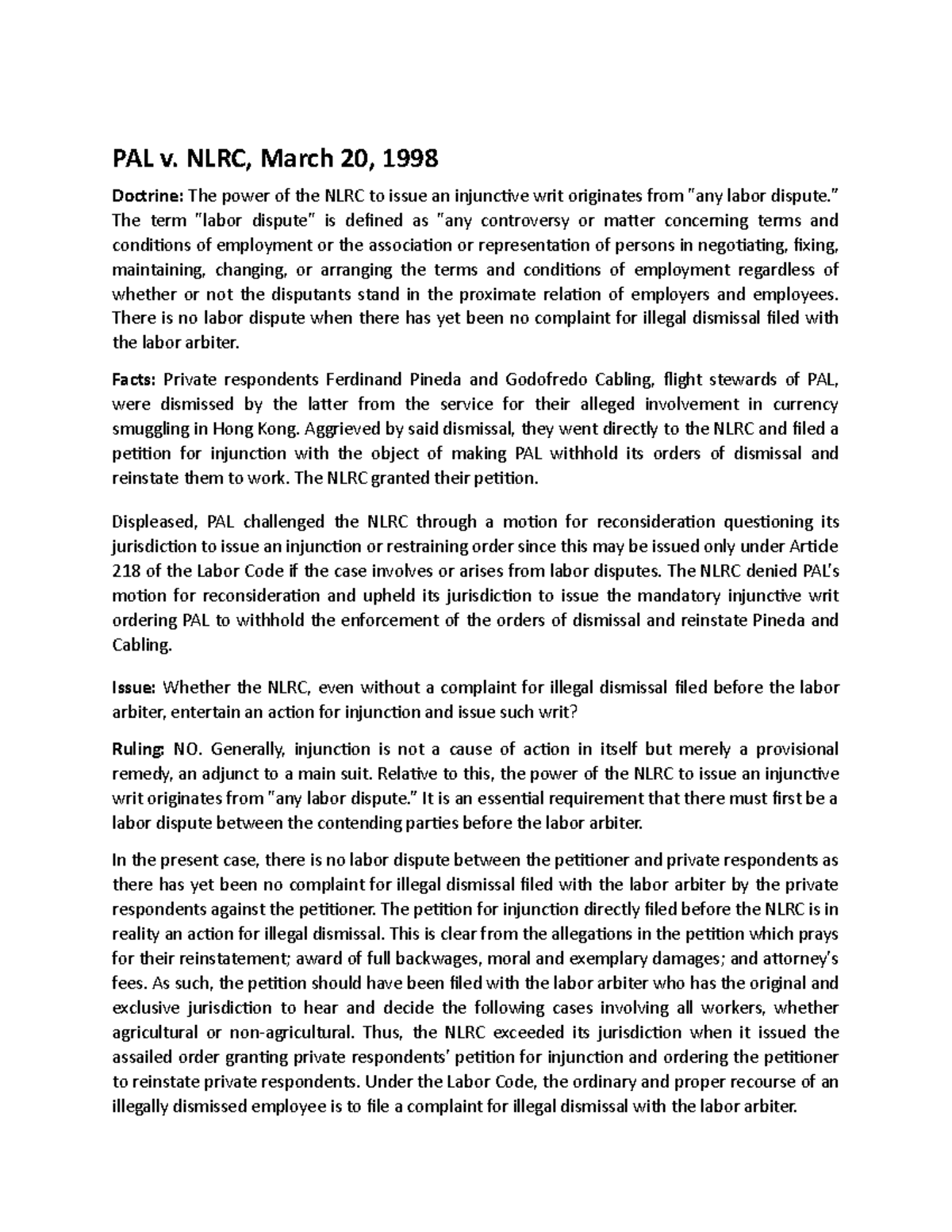 PAL v. NLRC, March 20, 1998 - PAL v. NLRC, March 20, 1998 Doctrine: The ...