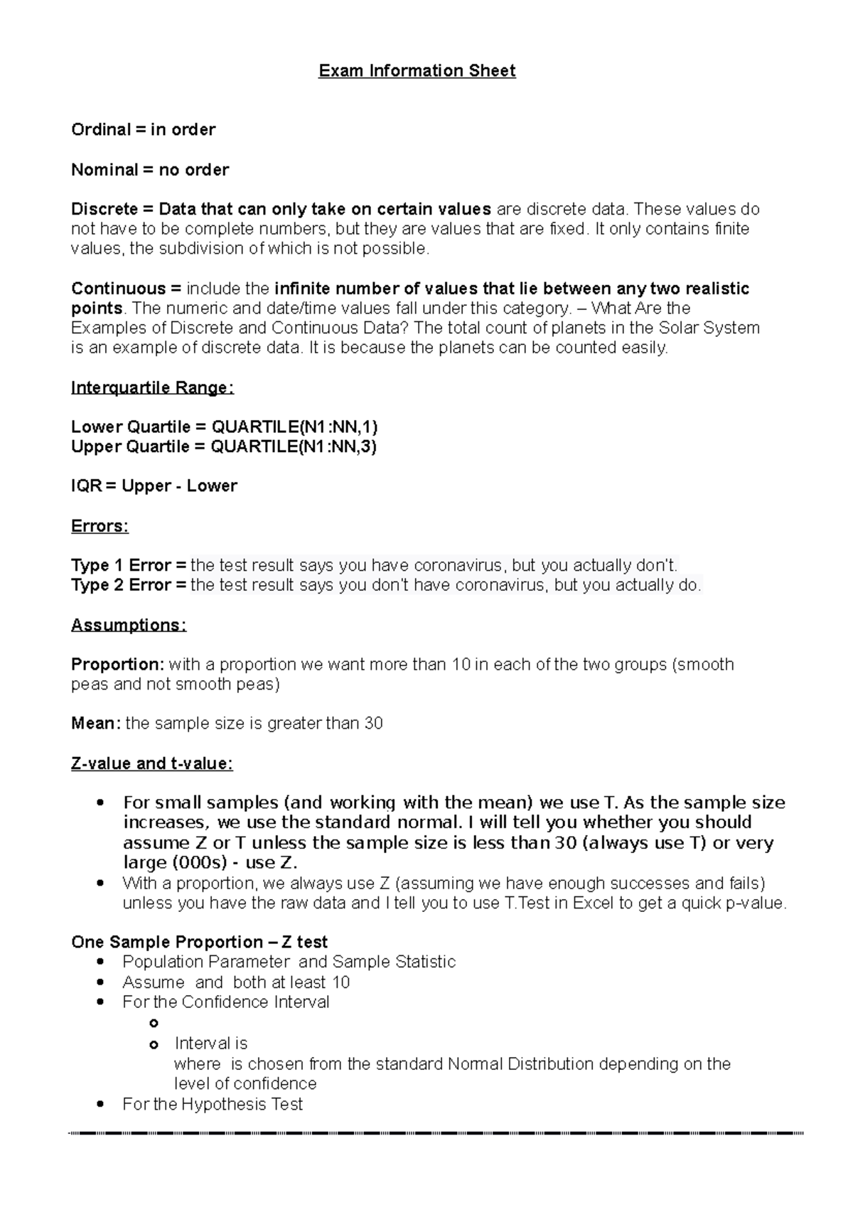 Formula sheet for Final Exam - Exam Information Sheet Ordinal = in ...