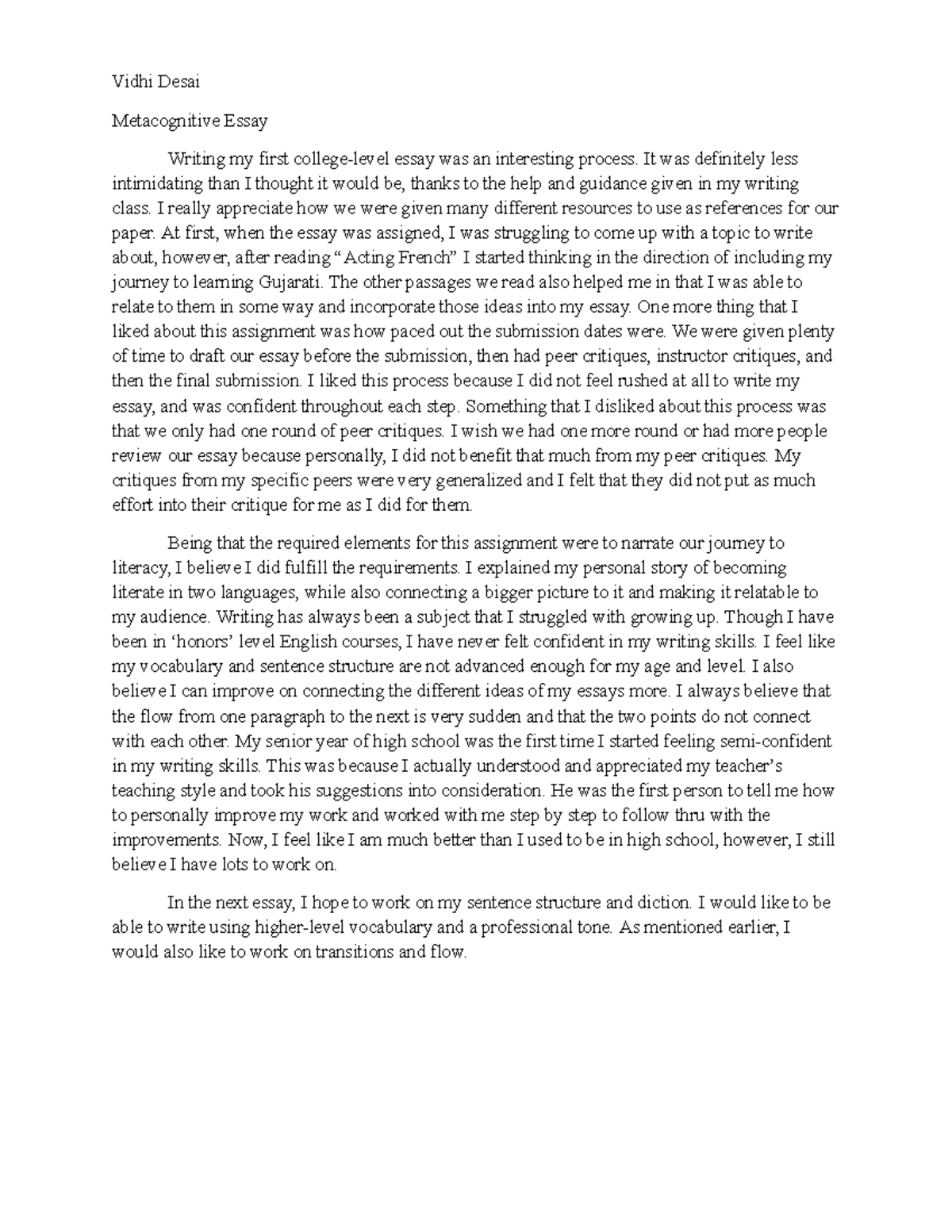 Metacognitive Essay - Vidhi Desai Metacognitive Essay Writing my first ...