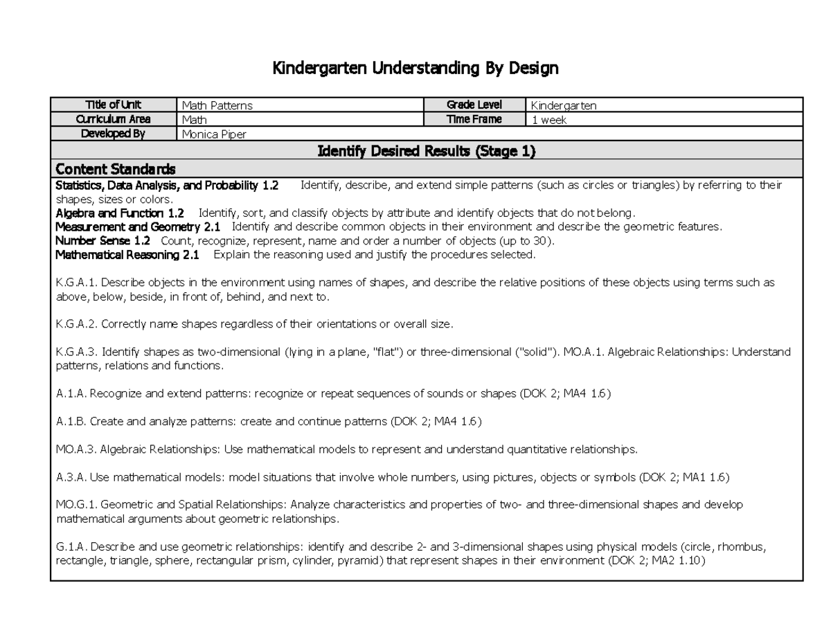 Understanding by Design (Kindergarten) - Kindergarten Understanding By ...