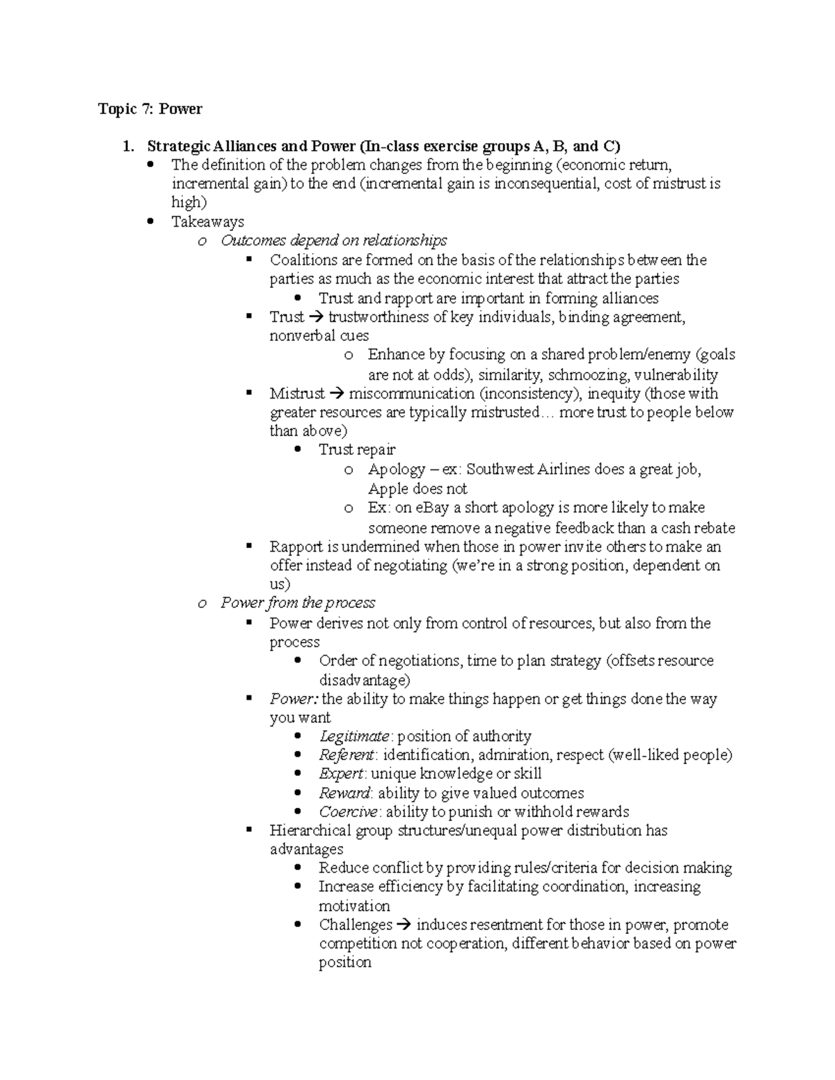 Study Guide Part 2 - Topic 7: Power Strategic Alliances and Power (In ...