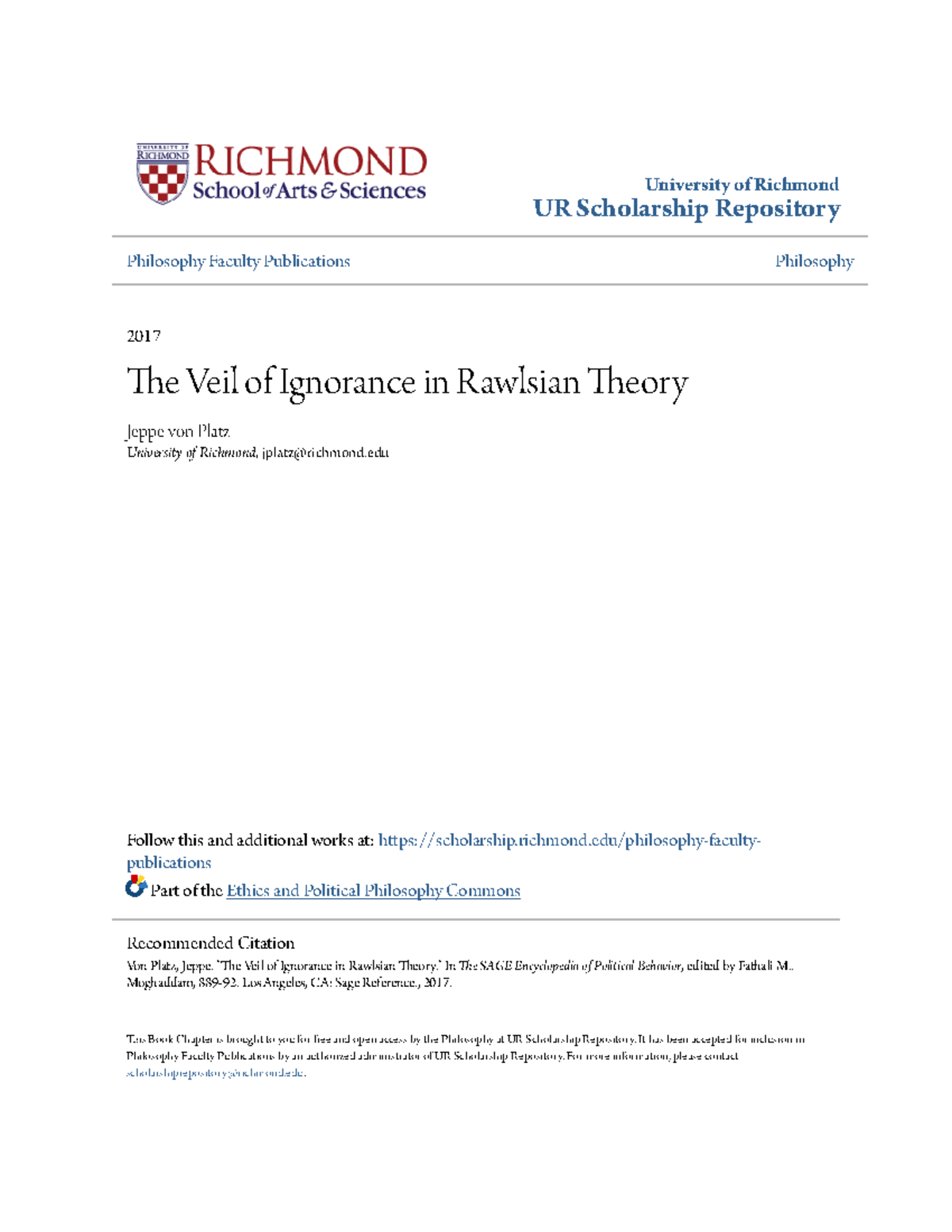 The Veil of Ignorance in Rawlsian Theory - University of Richmond UR ...
