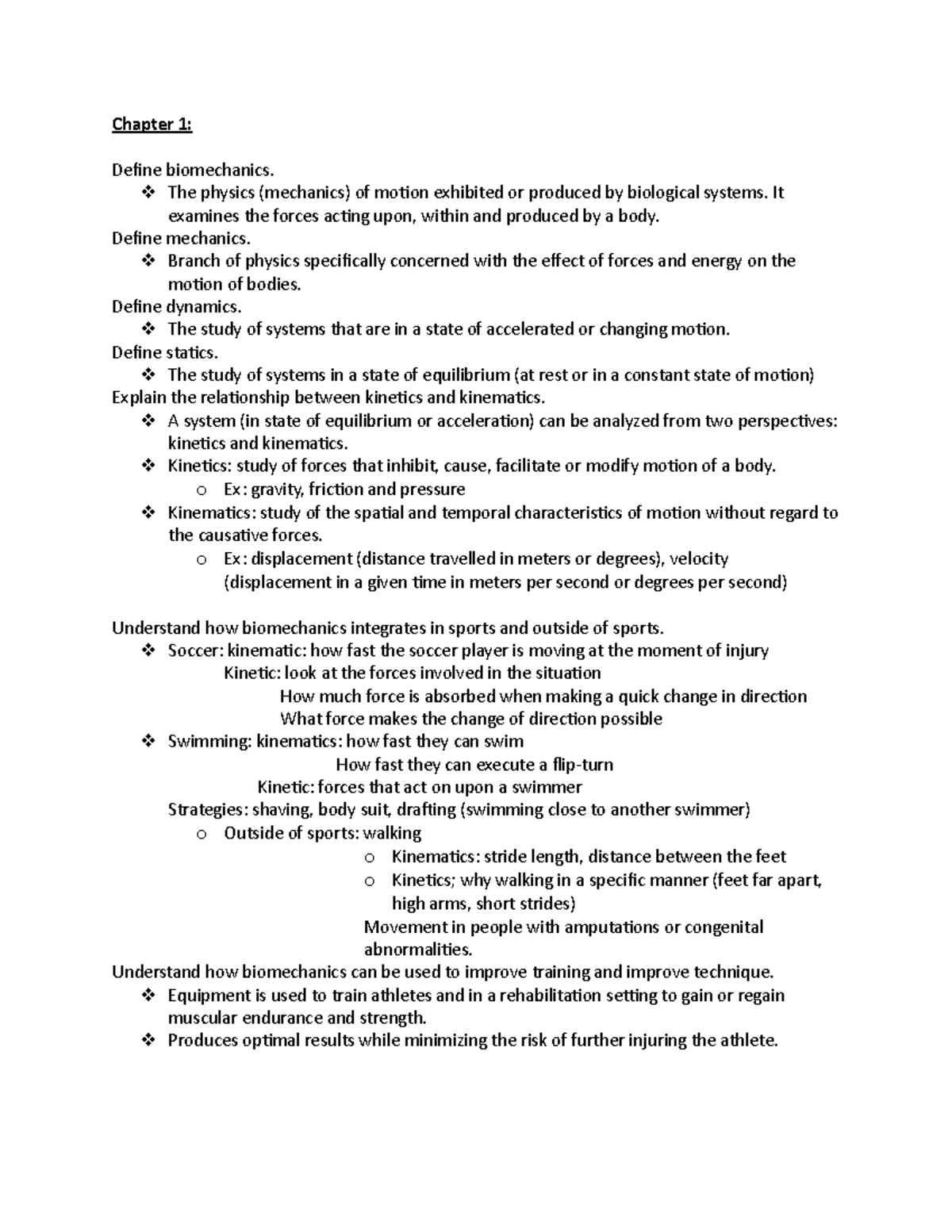 Biomechanics notes 1-3 - Chapter 1: Define biomechanics. The physics ...